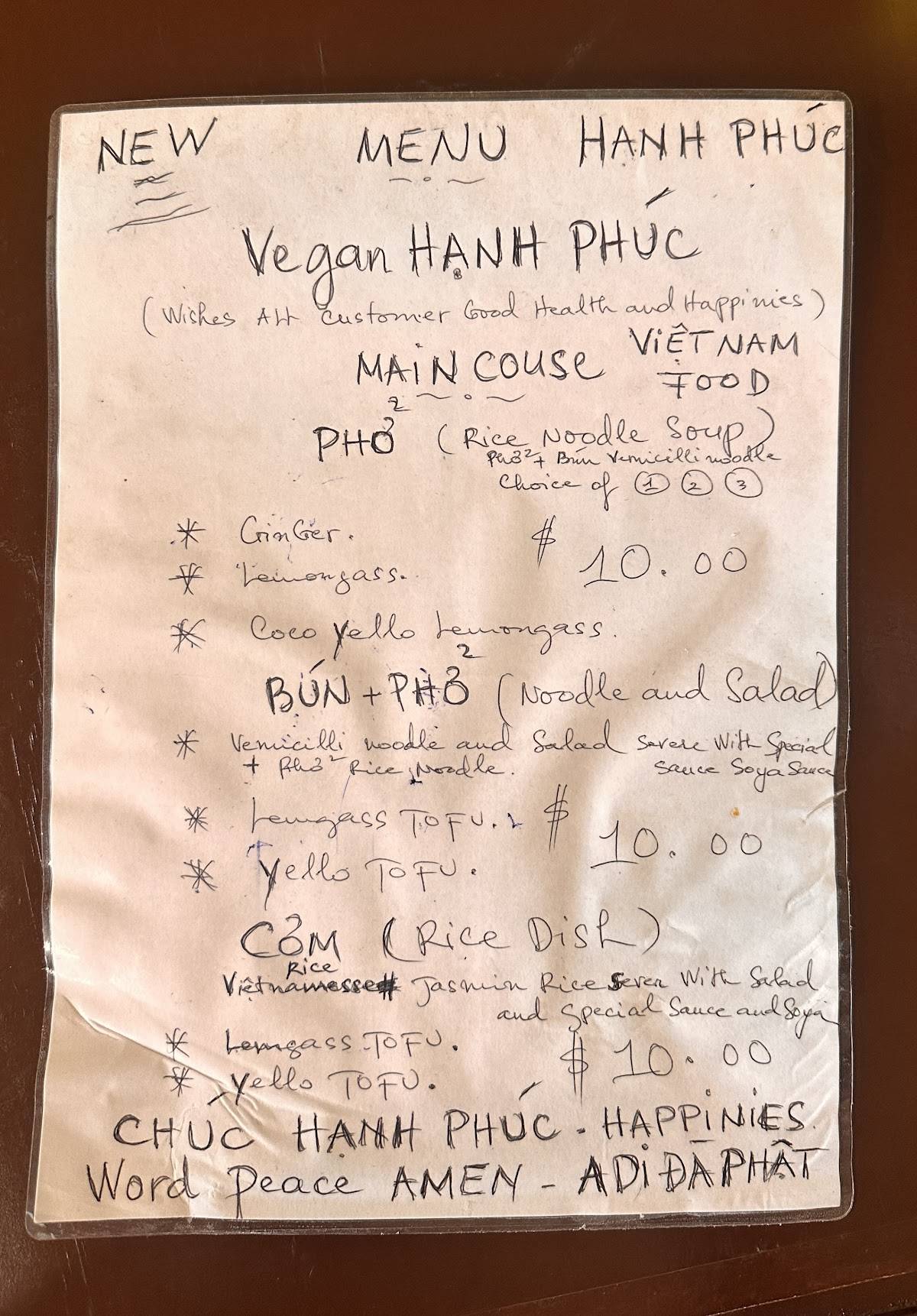 Menu at Hạnh Phúc Vegan restaurant, Surry Hills