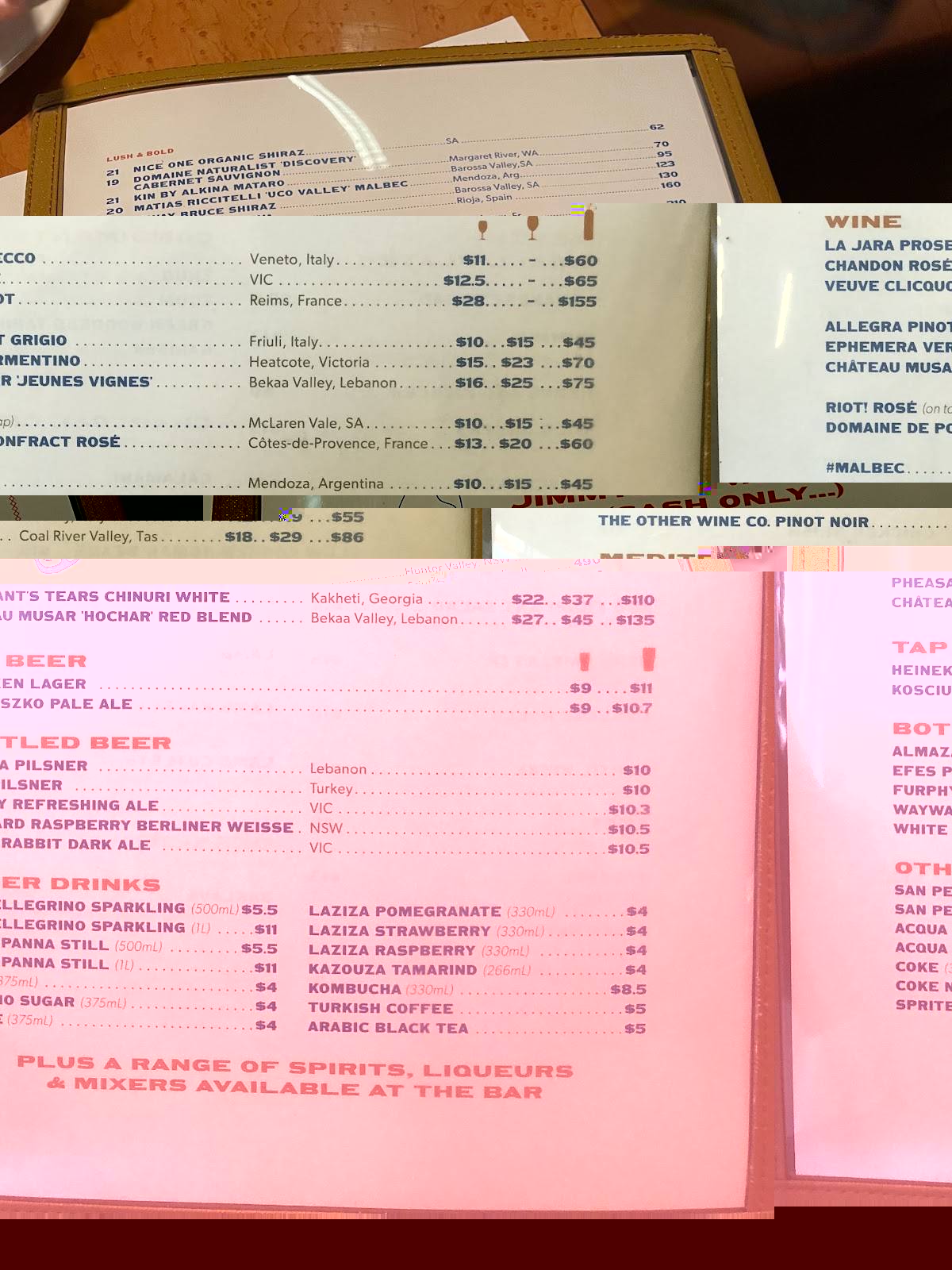 Menu at Jimmy’s Falafel restaurant, Sydney