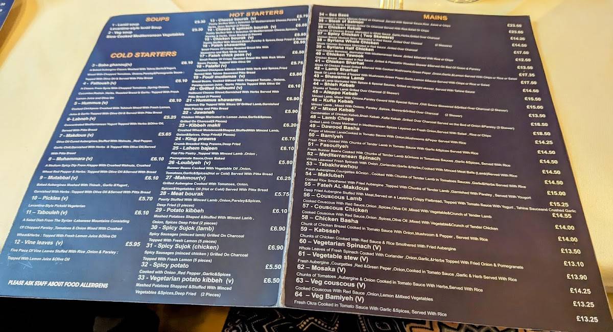 Menu at Syriana Urmston restaurant, Manchester