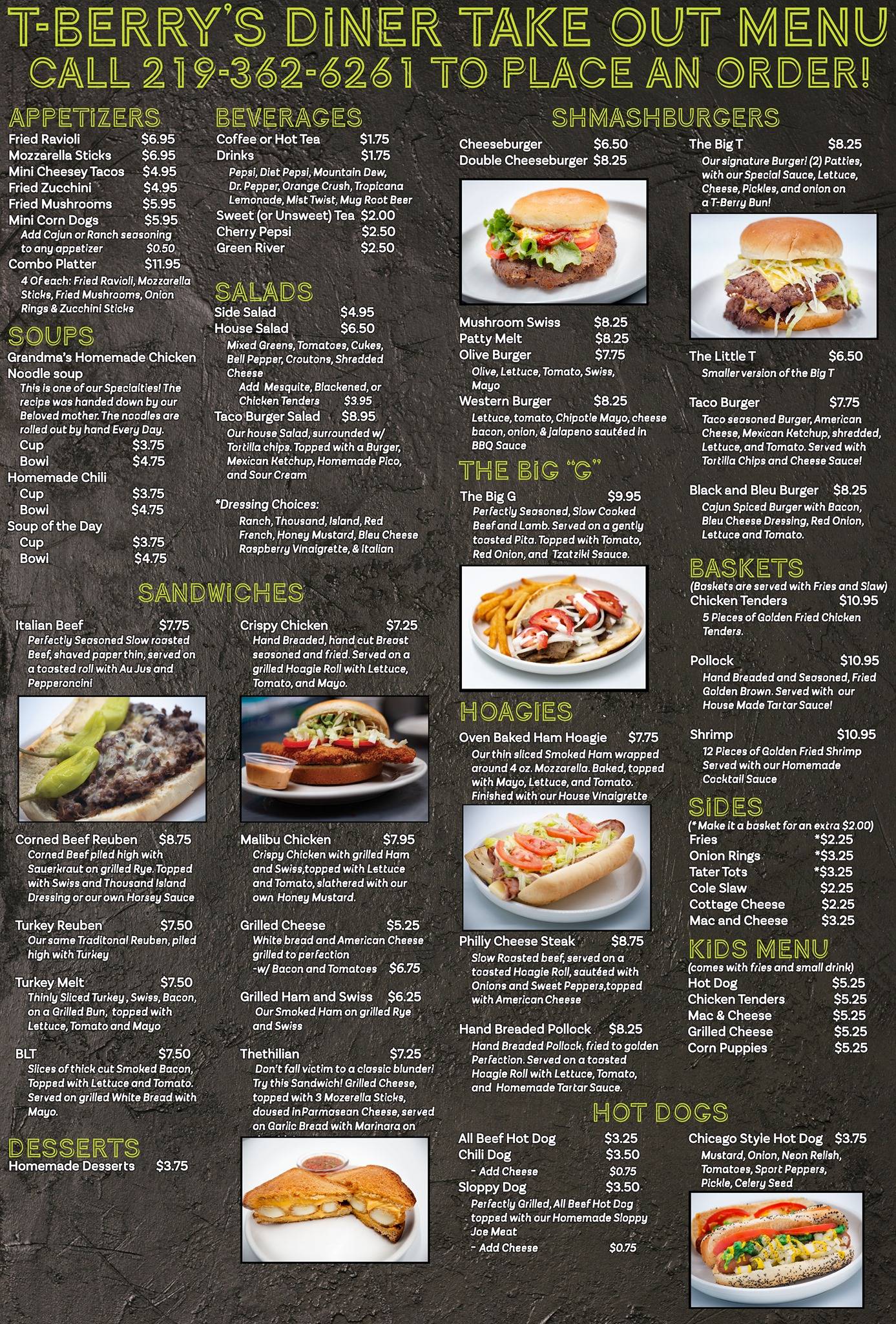 Menu at T-BERRY'S DINER pizzeria, La Porte, 501 Lincolnway