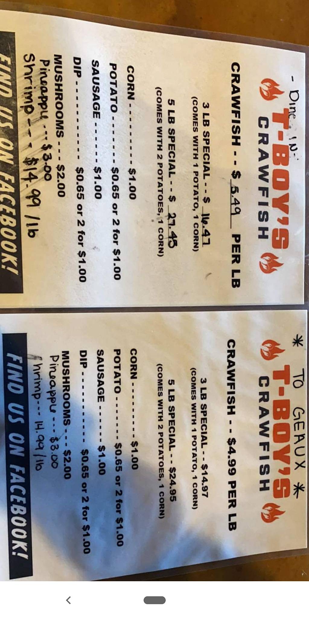 Menu at T-Boy's Crawfish restaurant, DeRidder
