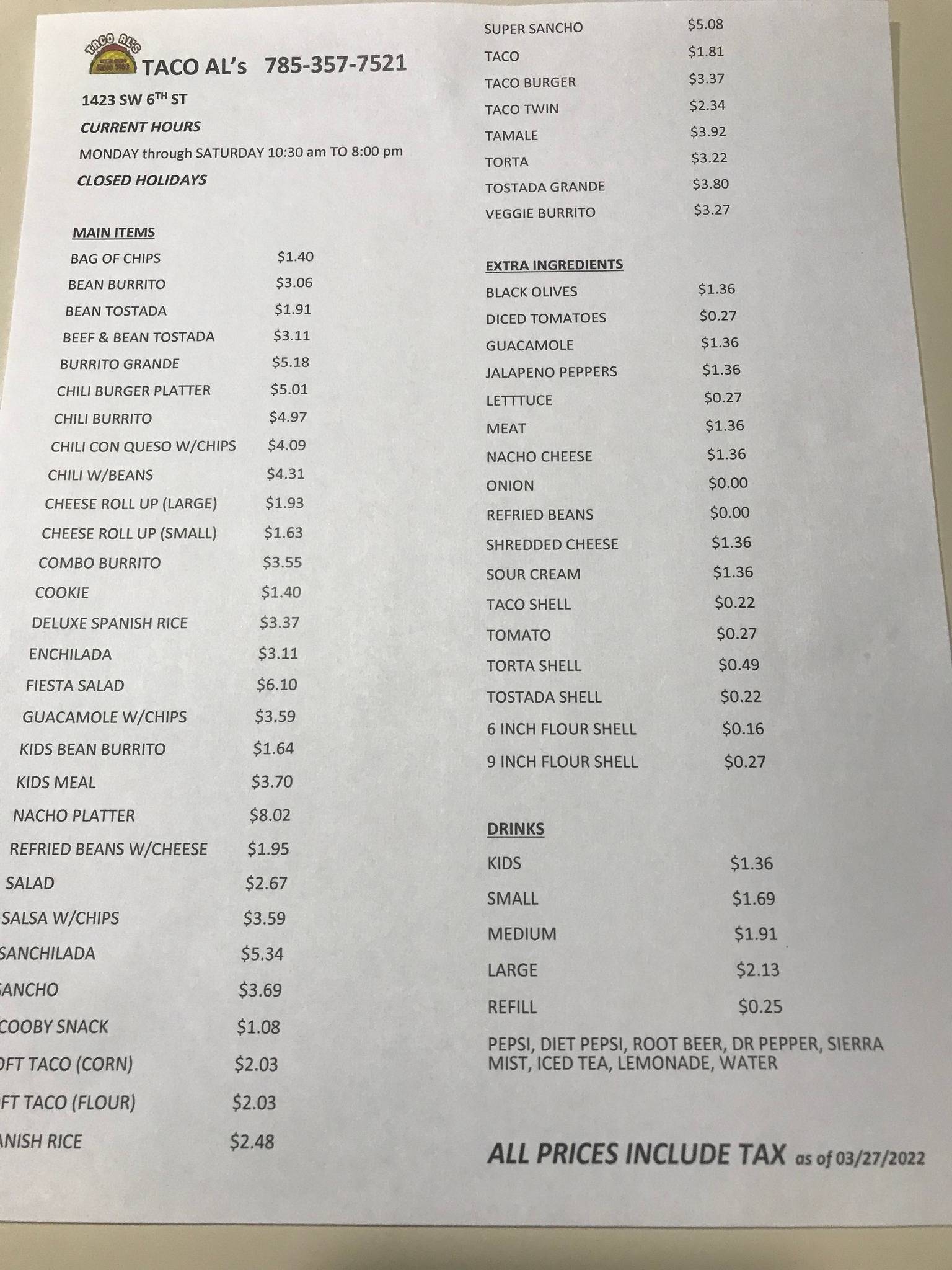 Menu at TACO AL'S restaurant, Topeka, SW 6th Ave