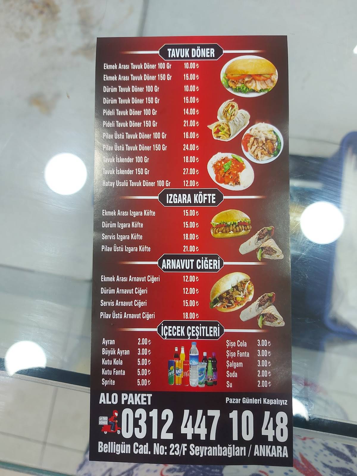 Menu at TAD DONER, Ankara, Belligün Cd. No:53 D:F