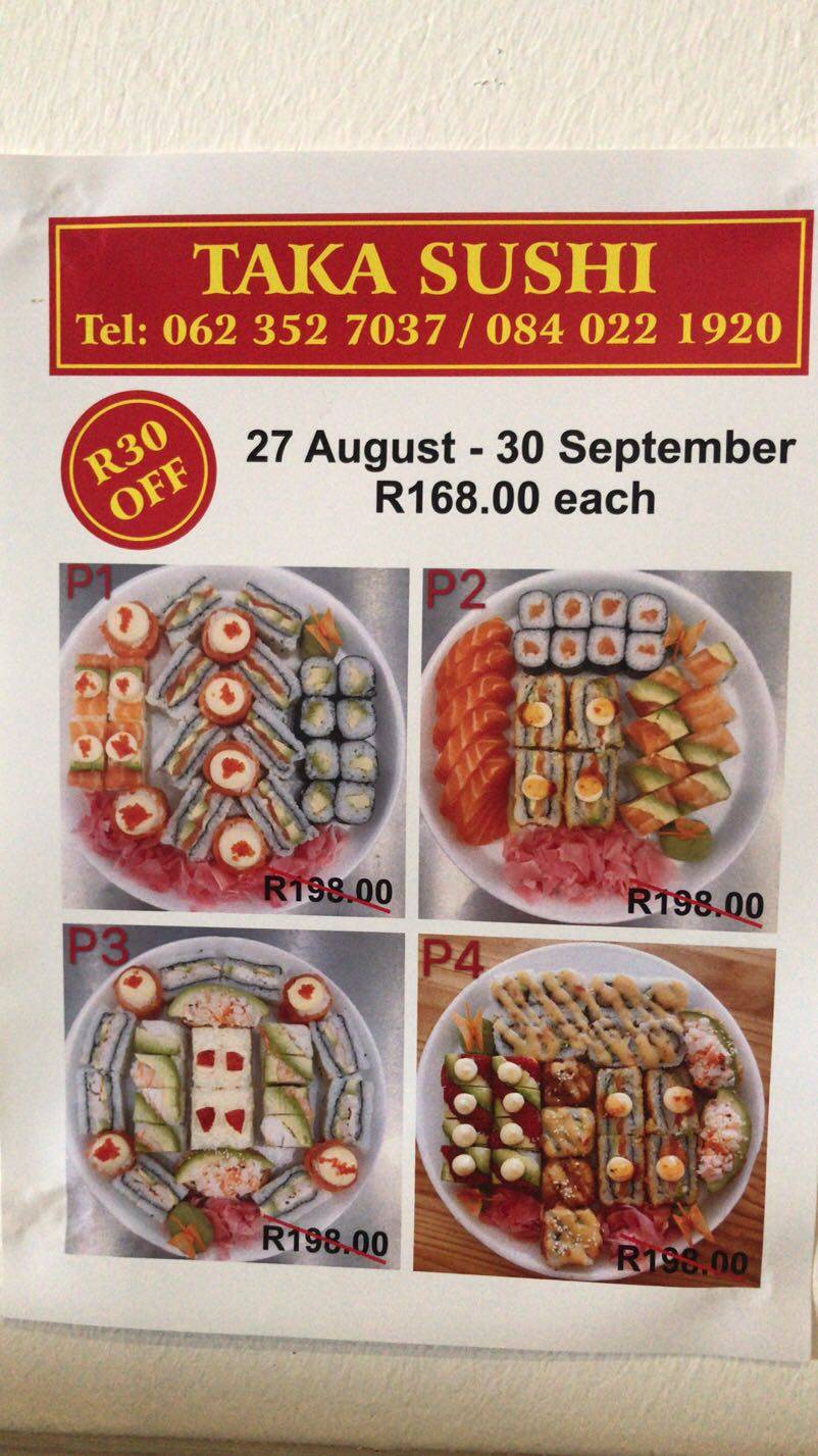 Menu at TAKA SUShi restaurant, Pretoria