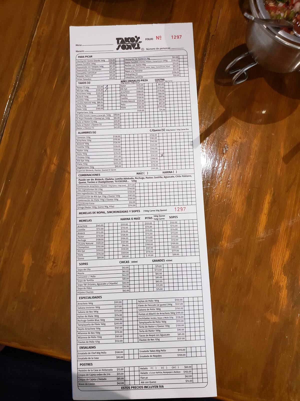 Carta del restaurante TAKOS TAKOS, Ciudad del México, Edgar Allan Poe 14A