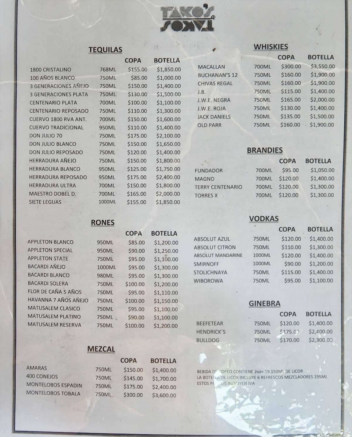 Carta del restaurante TAKOS TAKOS, Ciudad del México, Edgar Allan Poe 14A