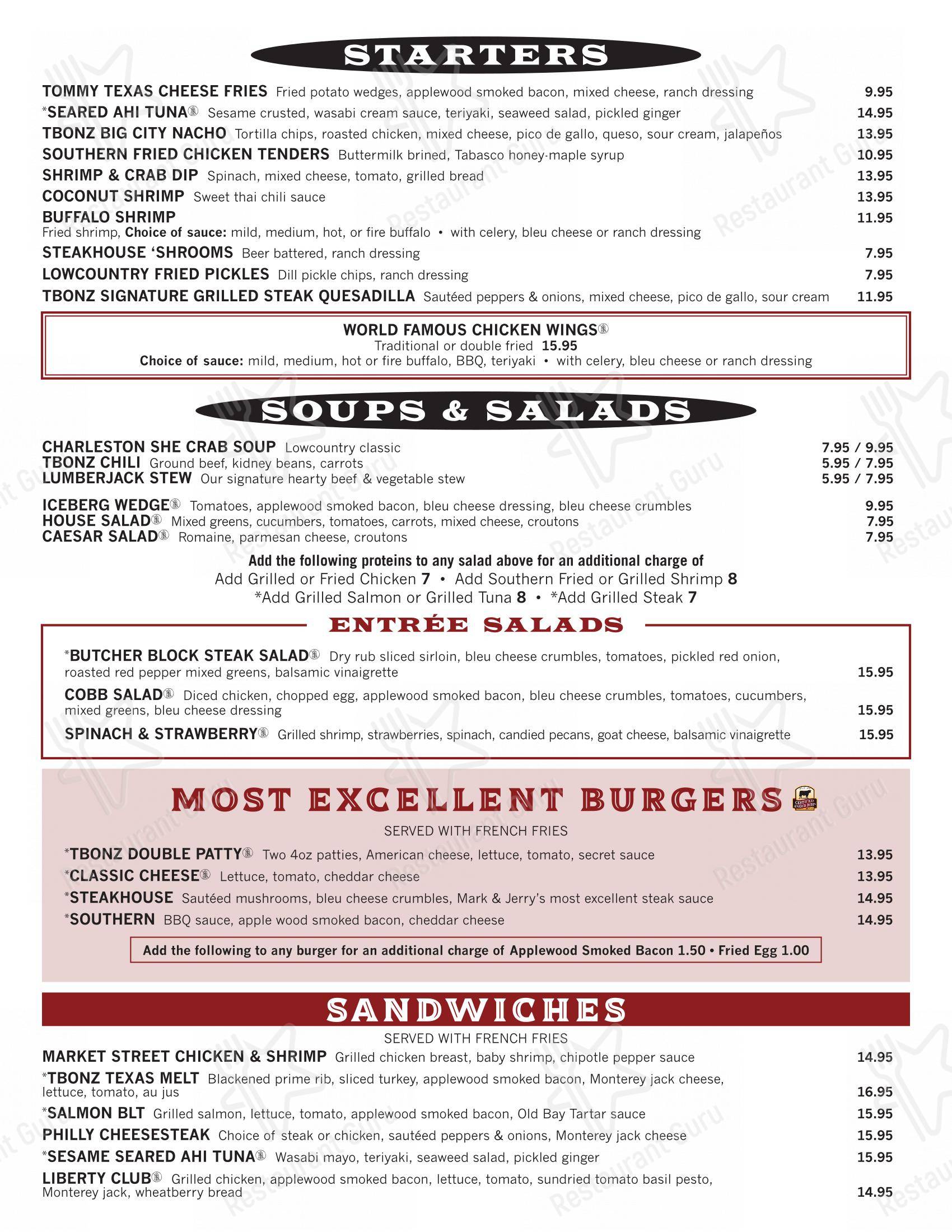 Menu at TBonz Gill & Grill steakhouse, Myrtle Beach, Seaboard St