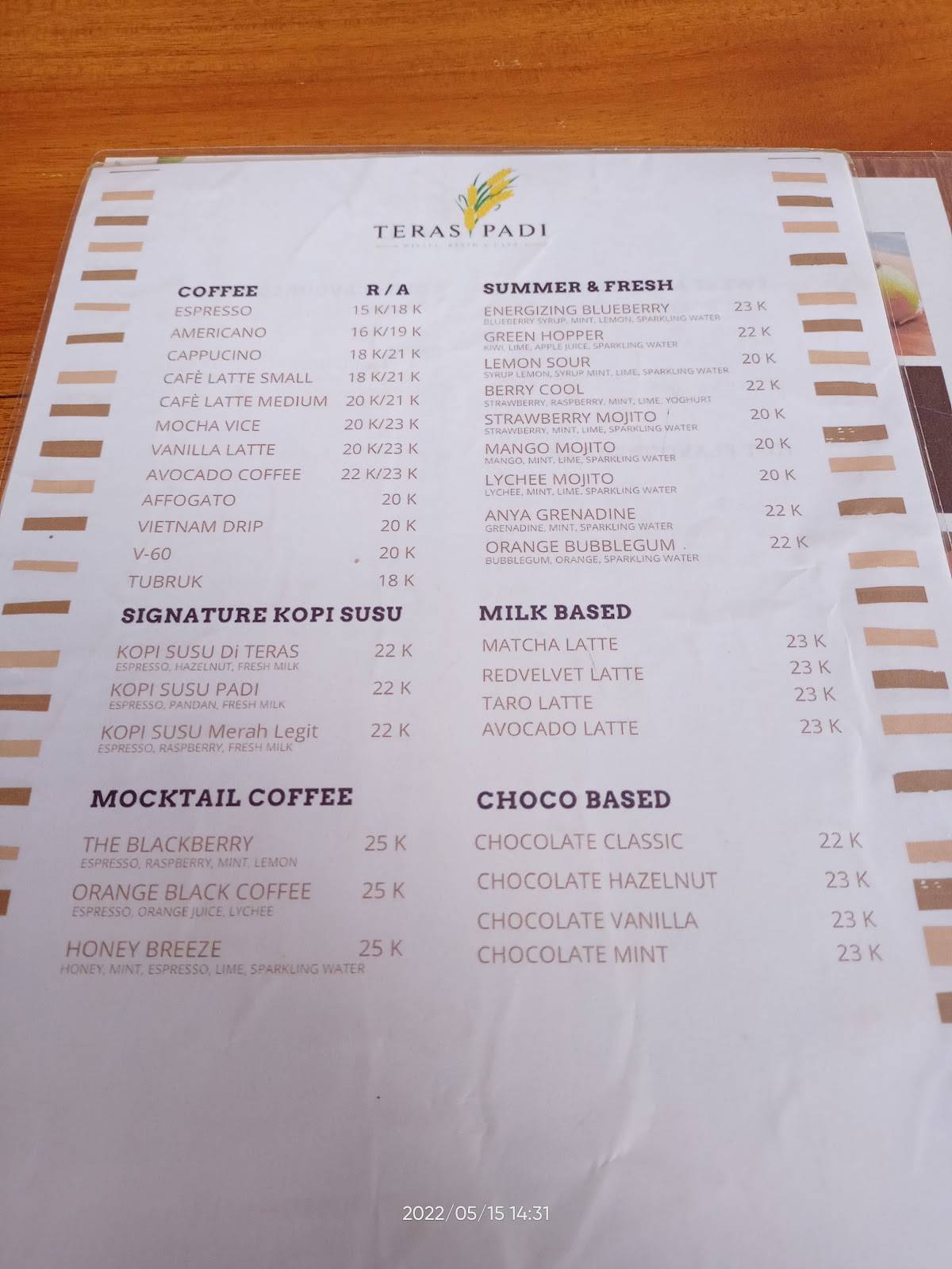 Carta de TERAS PADI Resto, Wisata dan Cafe, Indonesia