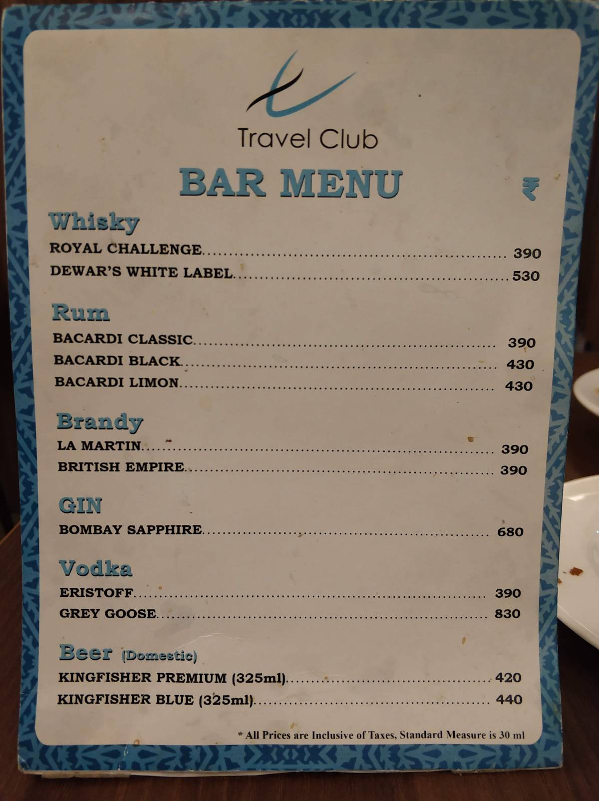 Menu at TFS Lounge Domestic Airport Terminal, Chennai