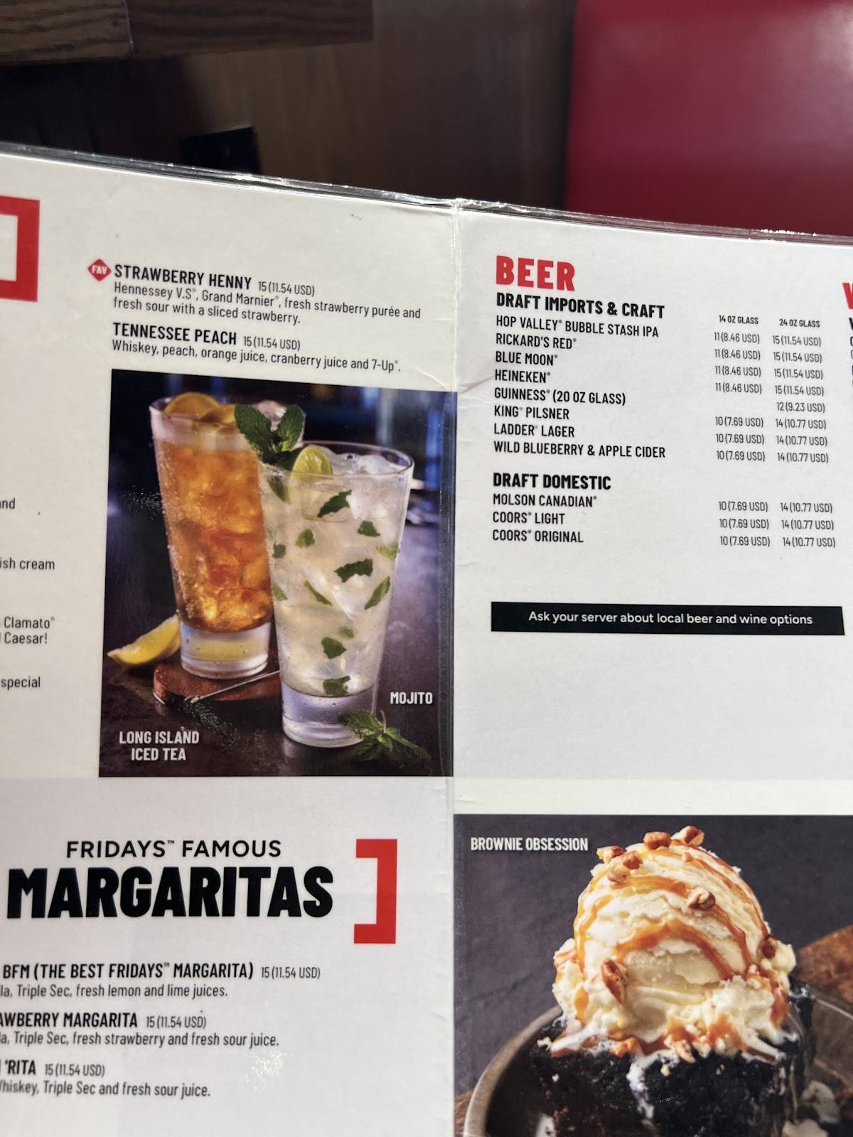 Menu at TGI Friday's restaurant, Niagara Falls, 6700 Fallsview Blvd