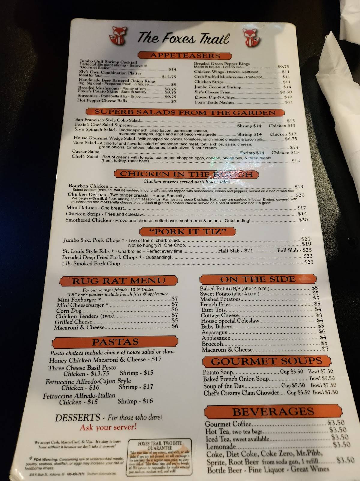 Menu at THE FOXES TRAILS pub & bar, Kokomo