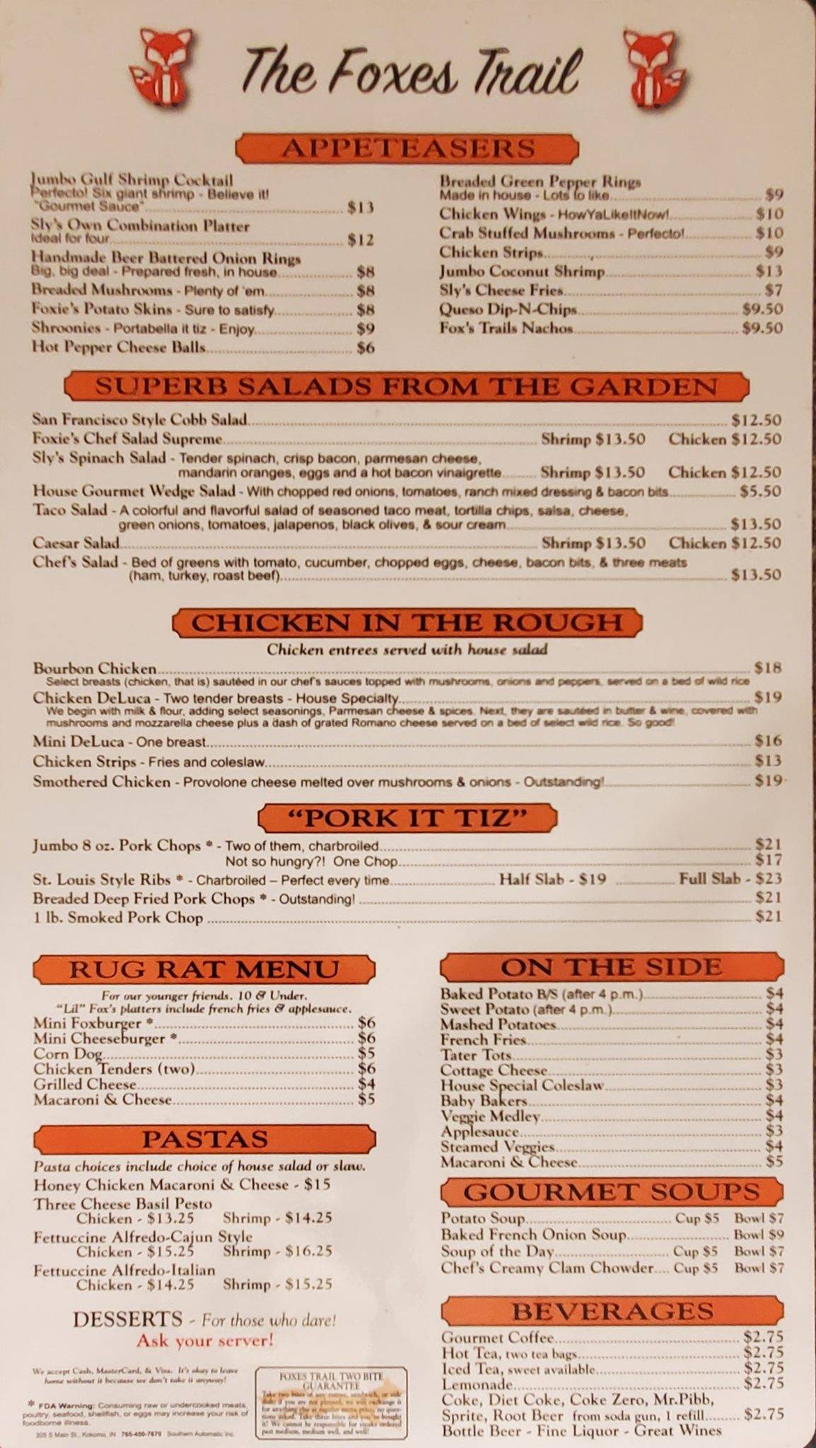 Menu at THE FOXES TRAILS pub & bar, Kokomo