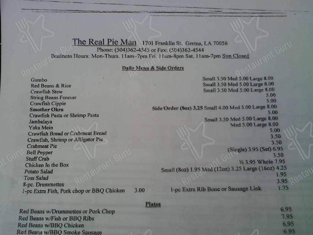 Menu at THE REAL PIE MAN restaurant, Gretna