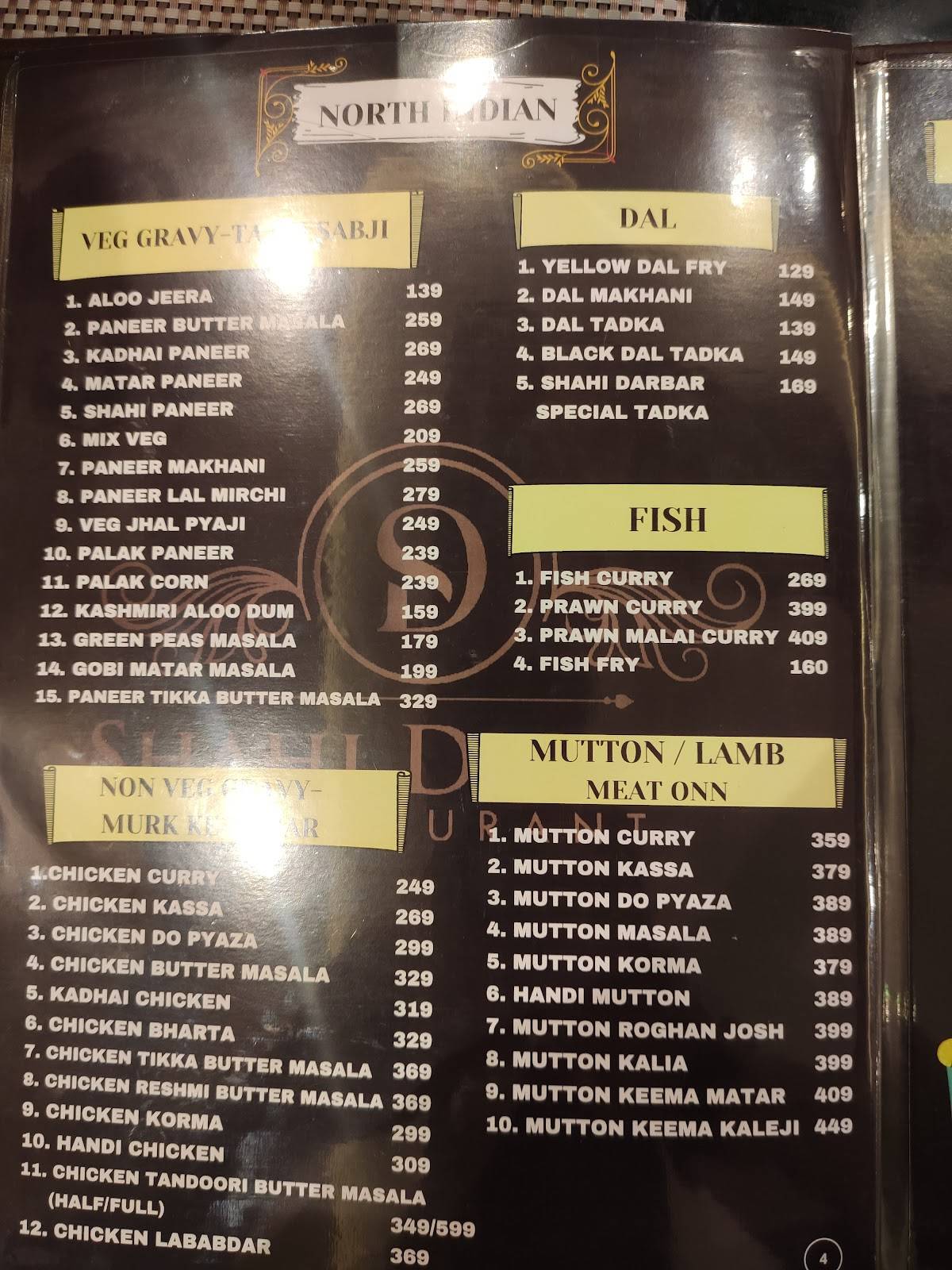 Menu at THE SHAHI DARBAR, Gangtok