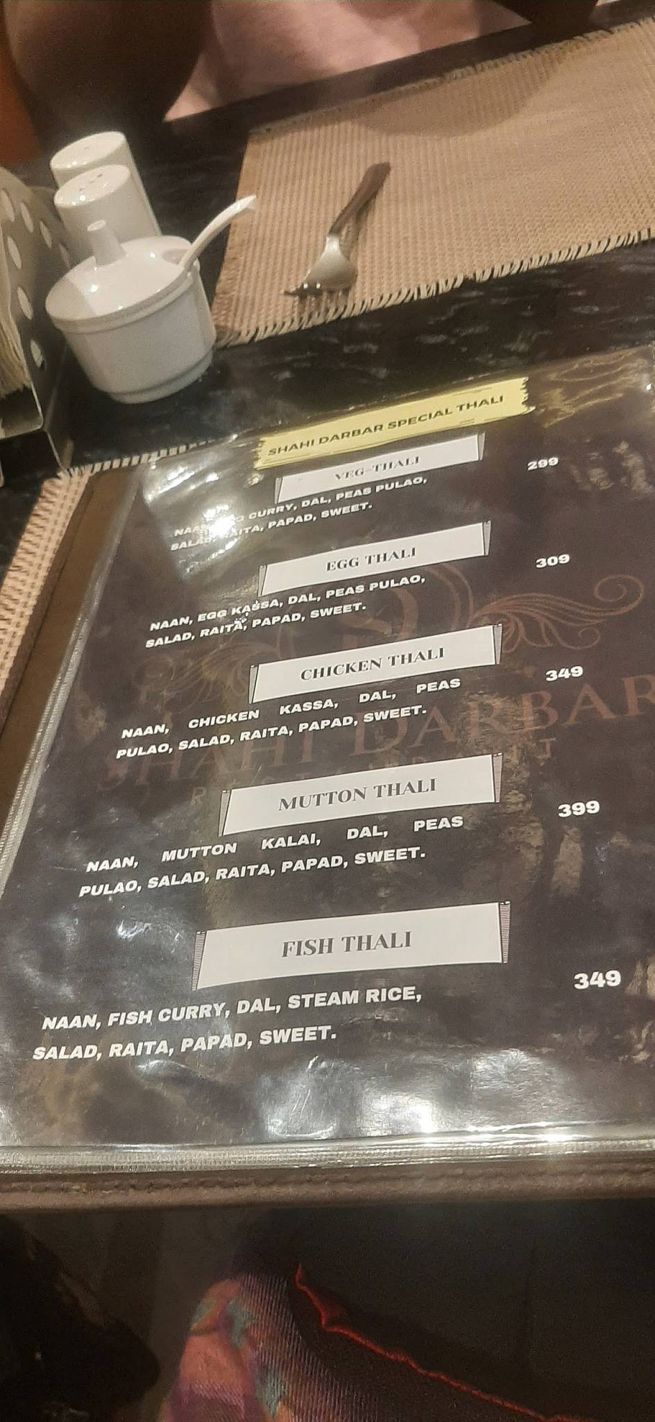 Menu at THE SHAHI DARBAR, Gangtok