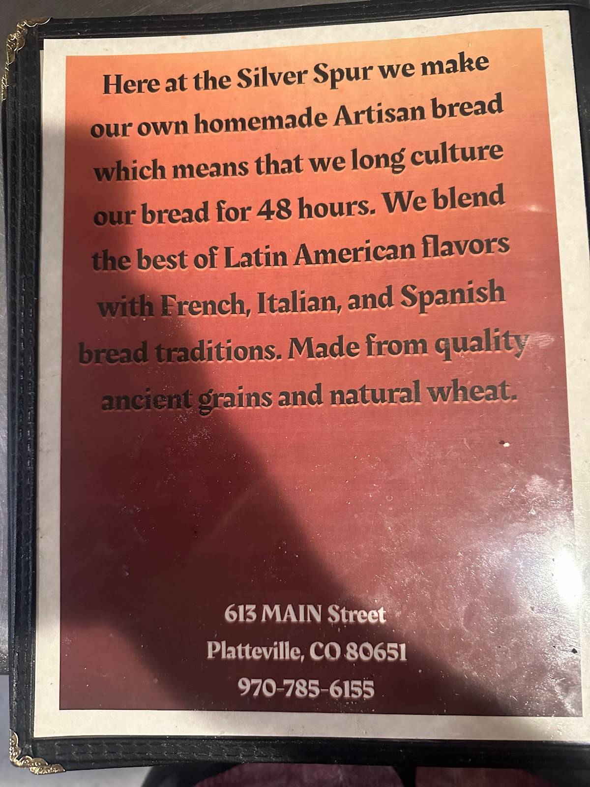 Menu at THE SILVER SPUR restaurant, Platteville