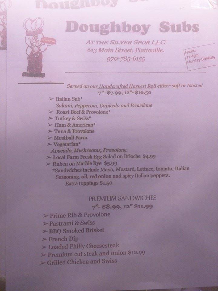 Menu at THE SILVER SPUR restaurant, Platteville
