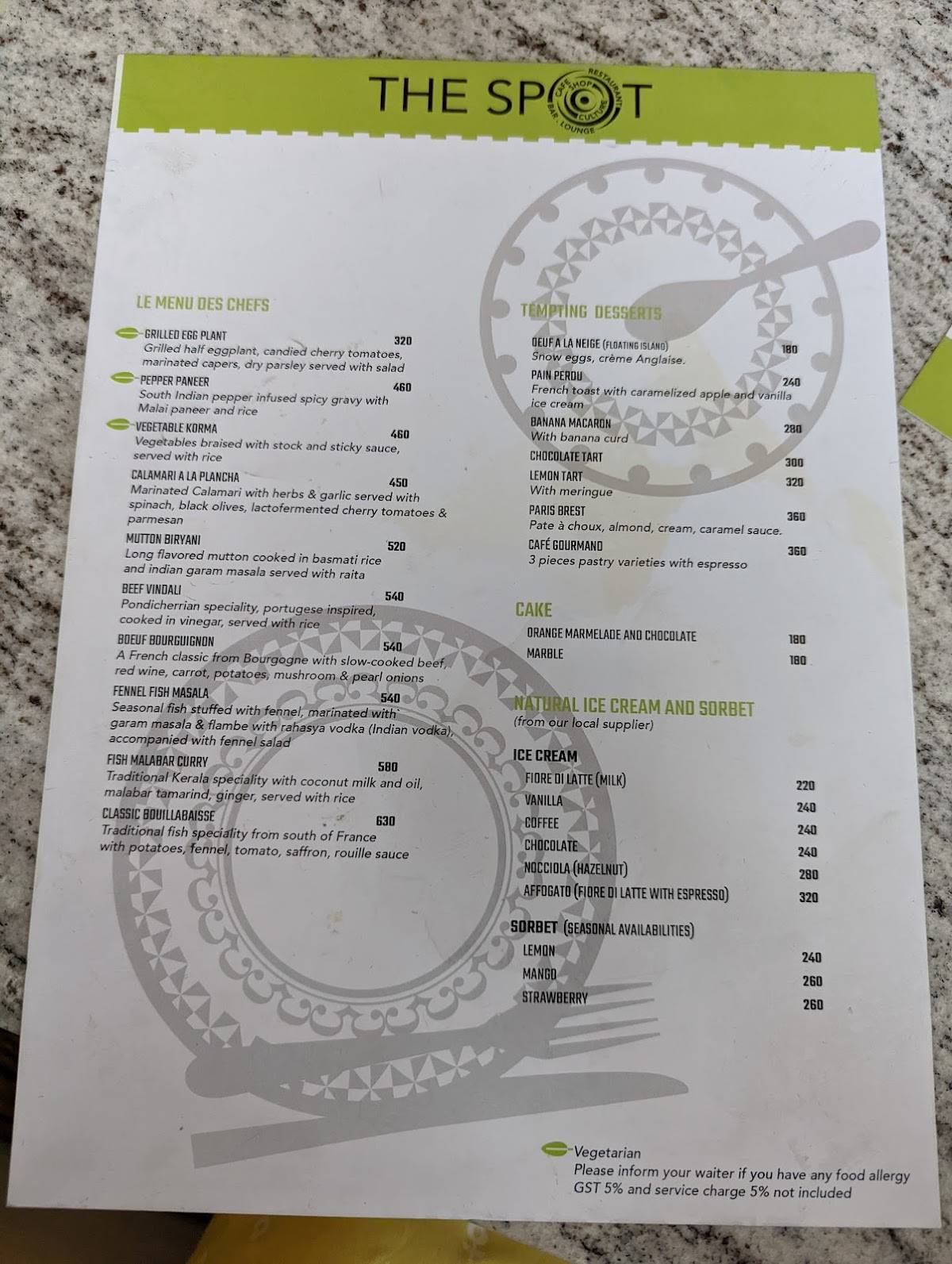 Menu at THE SPOT, Puducherry
