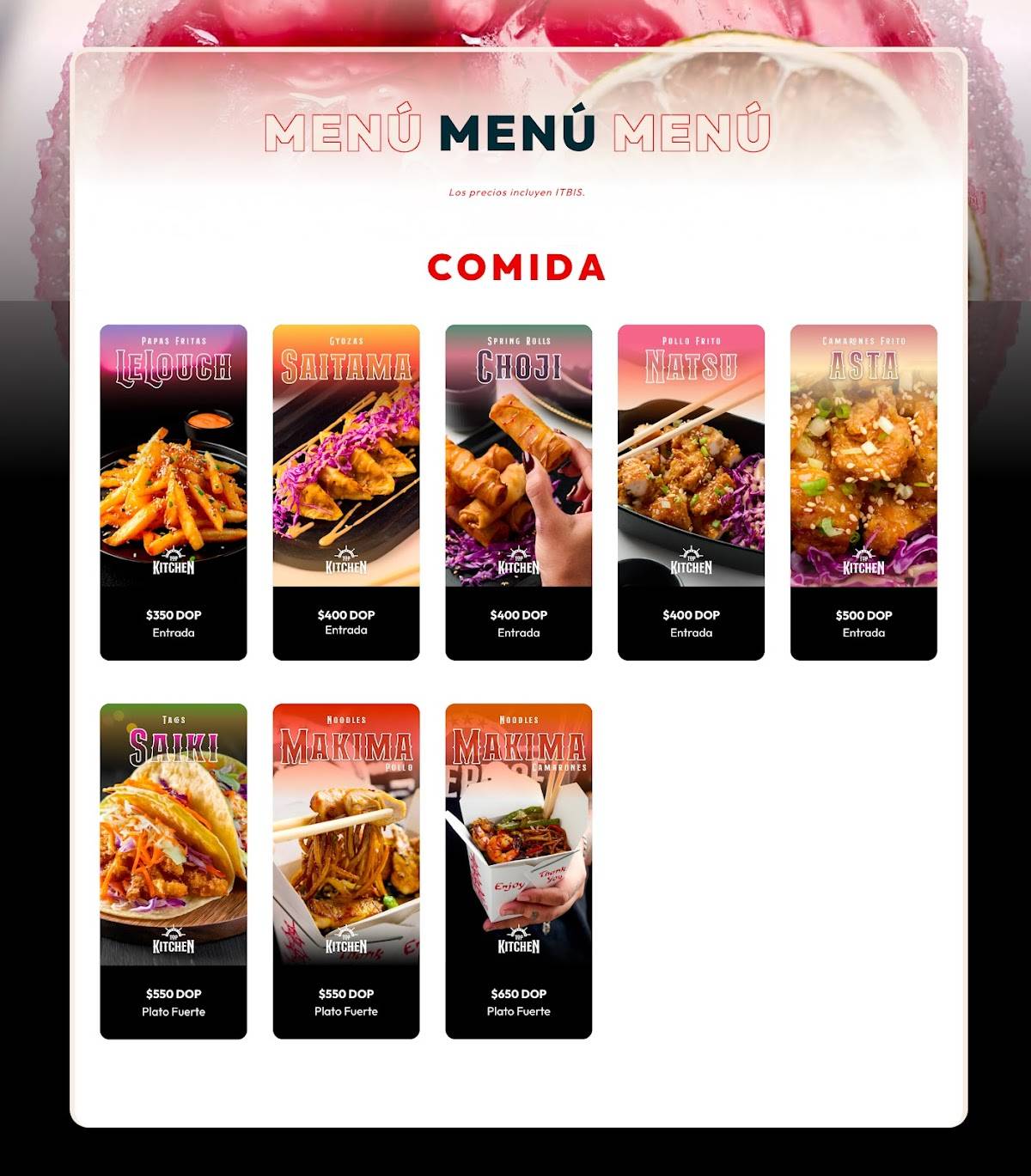 Carta de TOP Anime Bar, Santiago De Los Caballeros