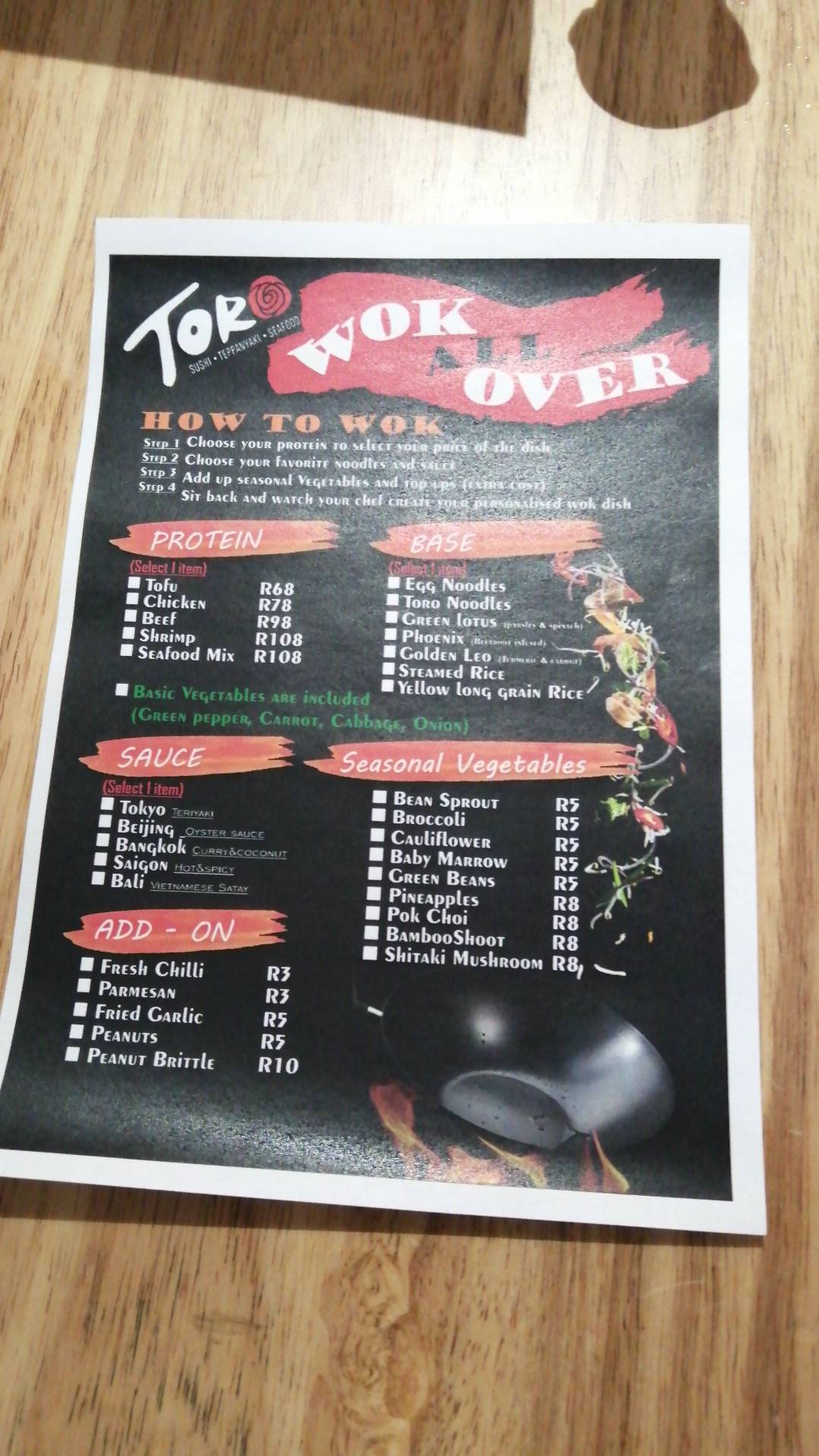 Menu at TORO Sushi, Teppanyaki & Seafood restaurant, Port Elizabeth