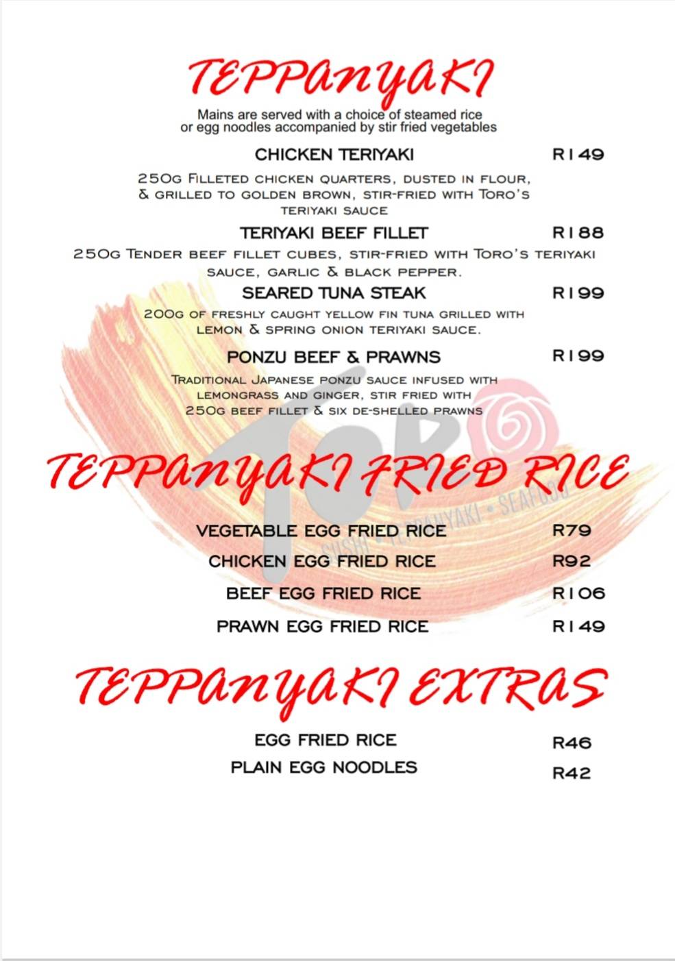 Menu at TORO Sushi, Teppanyaki & Seafood restaurant, Port Elizabeth