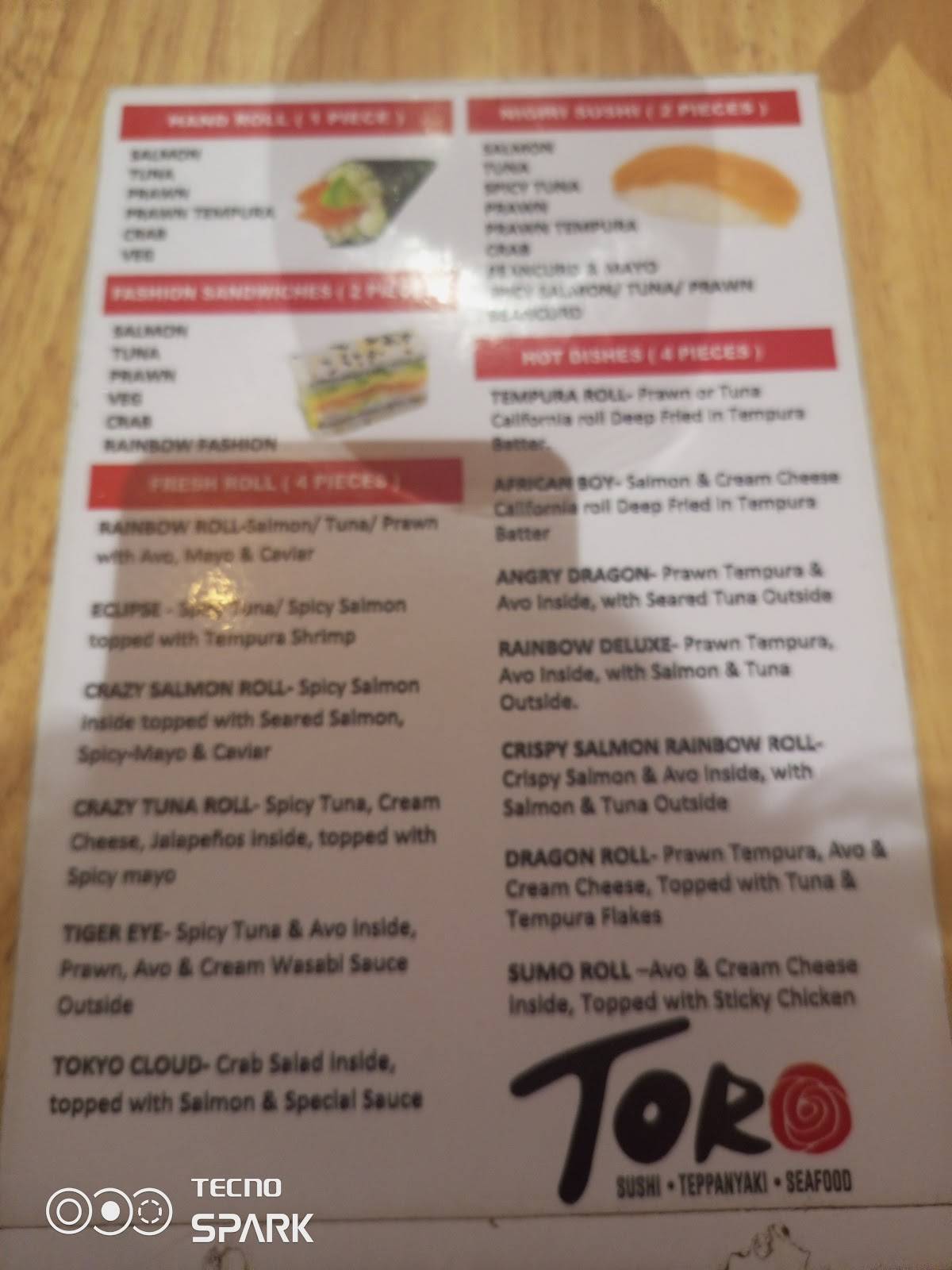 Menu at TORO Sushi, Teppanyaki & Seafood restaurant, Port Elizabeth