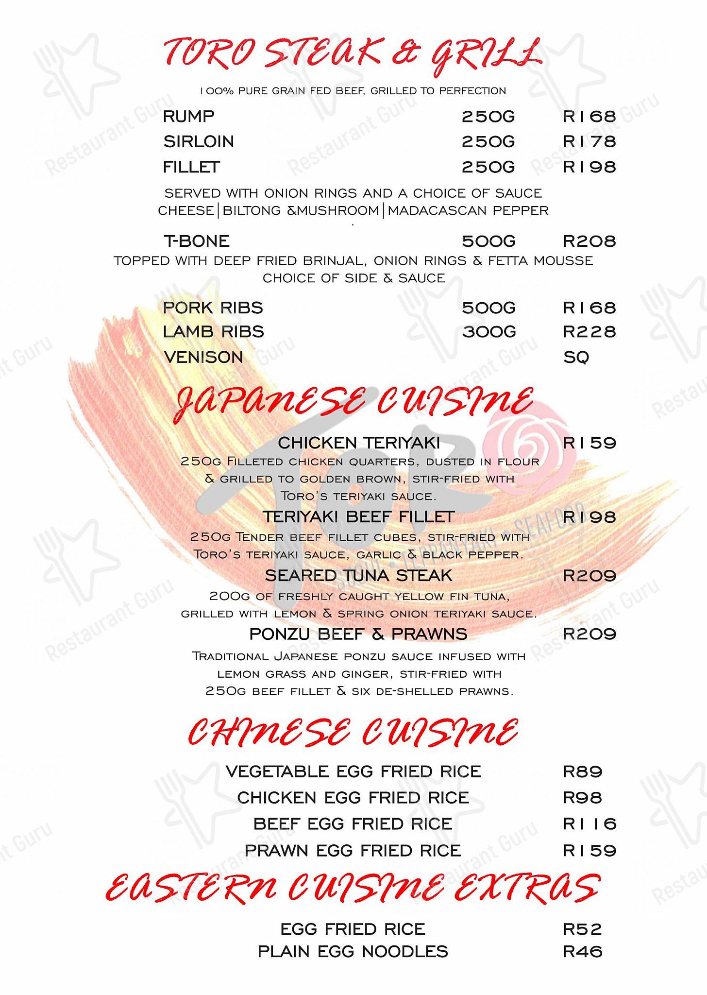 Menu at TORO Sushi, Teppanyaki & Seafood restaurant, Port Elizabeth