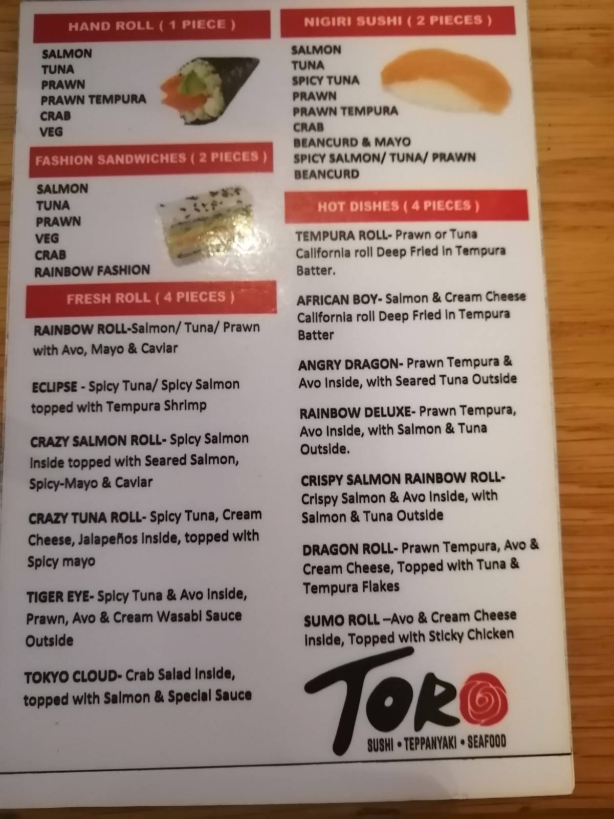 Menu at TORO Sushi, Teppanyaki & Seafood restaurant, Port Elizabeth