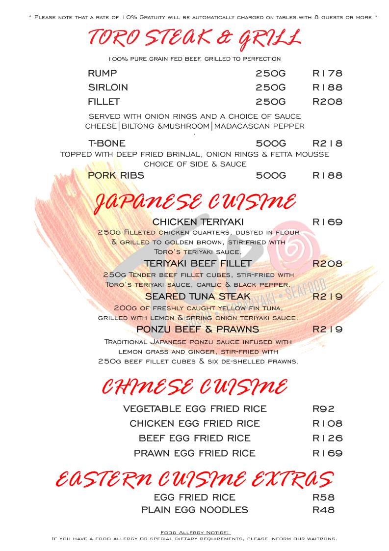 Menu at TORO Sushi, Teppanyaki & Seafood restaurant, Port Elizabeth