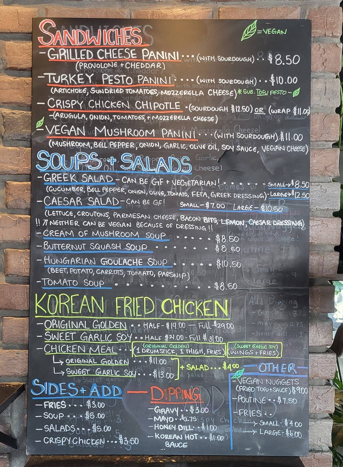 Menu at TOT Café, Saskatoon