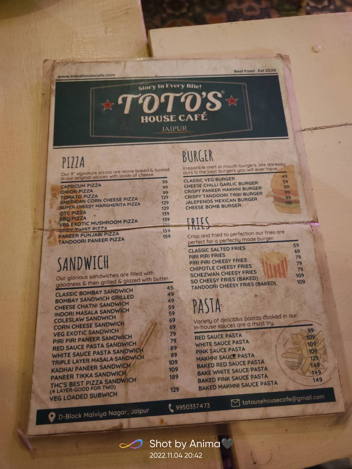 Menu at TOTO'S House Cafe, Jaipur
