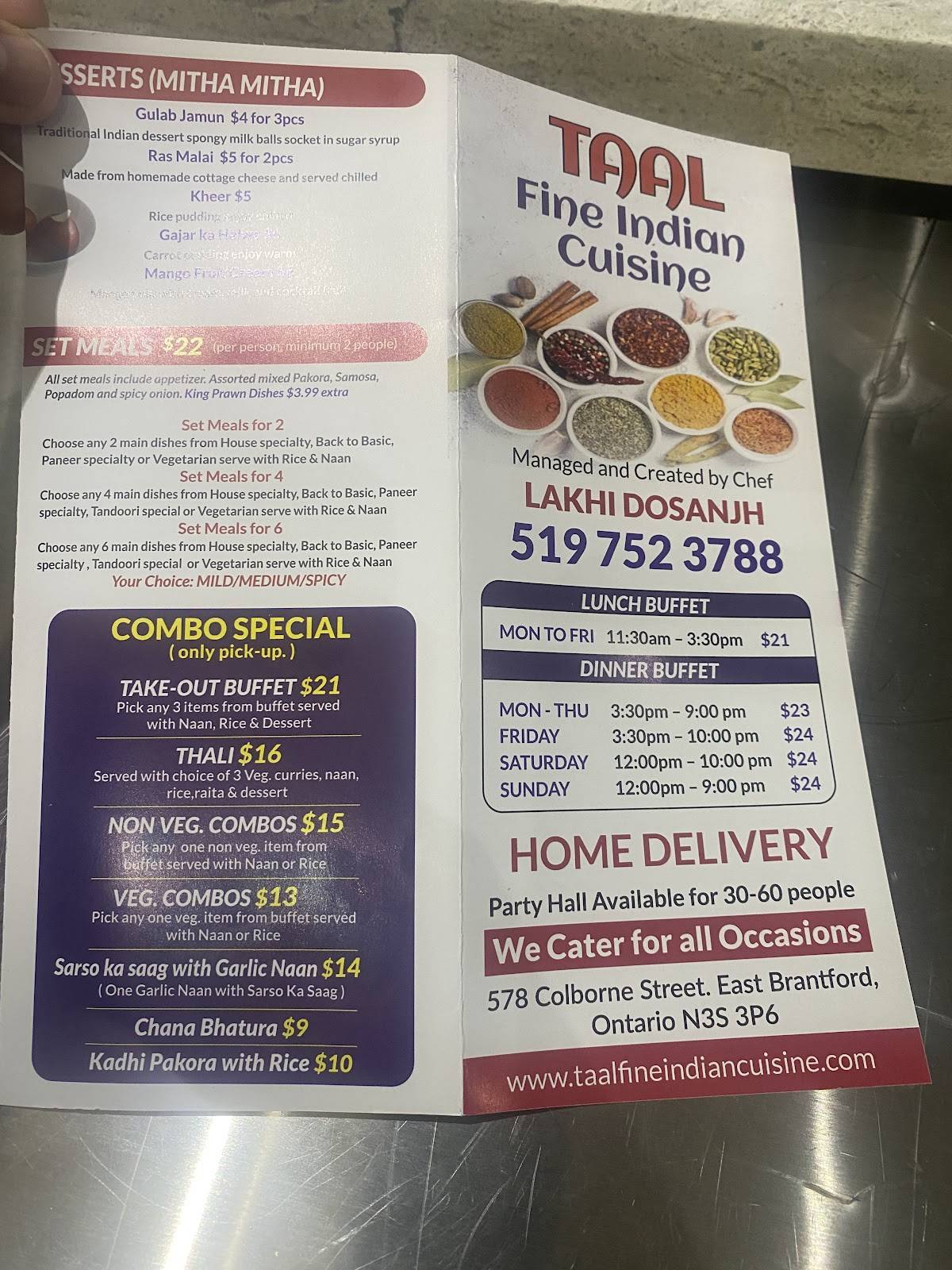 Menu at Taal Fine Indian Cuisine restaurant, Brantford
