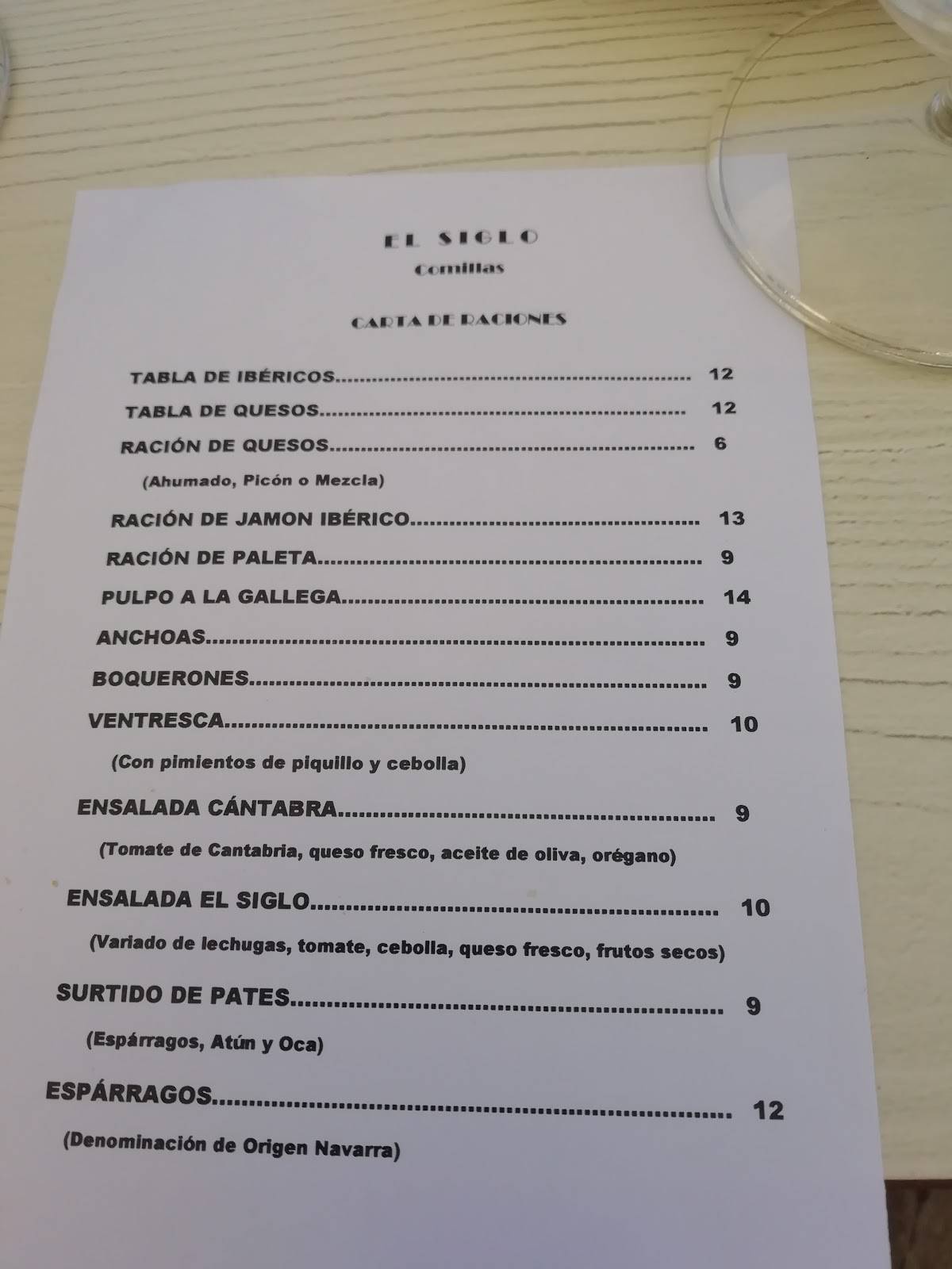 Carta del restaurante Taberna El siglo, Comillas