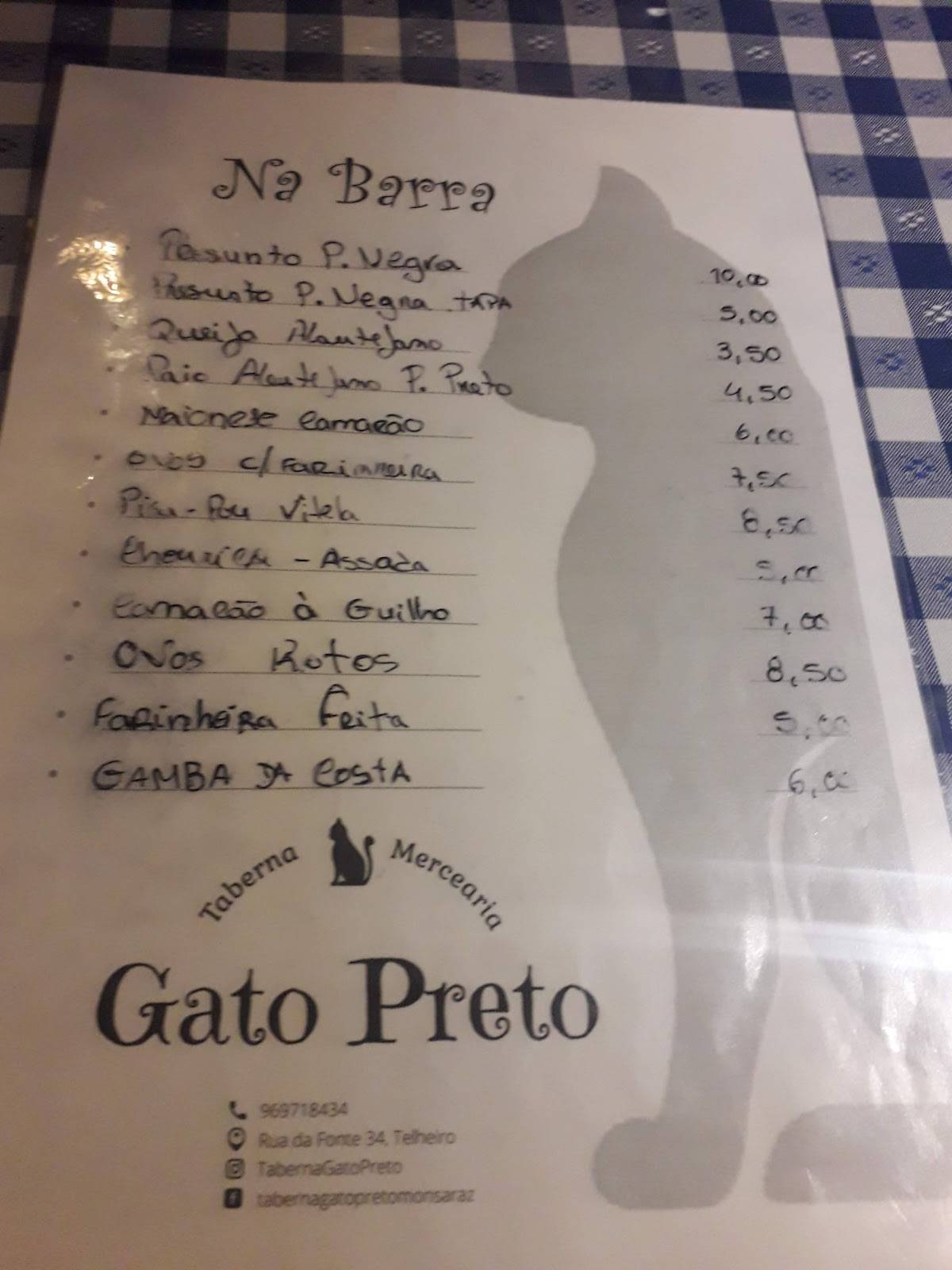 Menu em Taberna do Gato Preto restaurante, Portugal