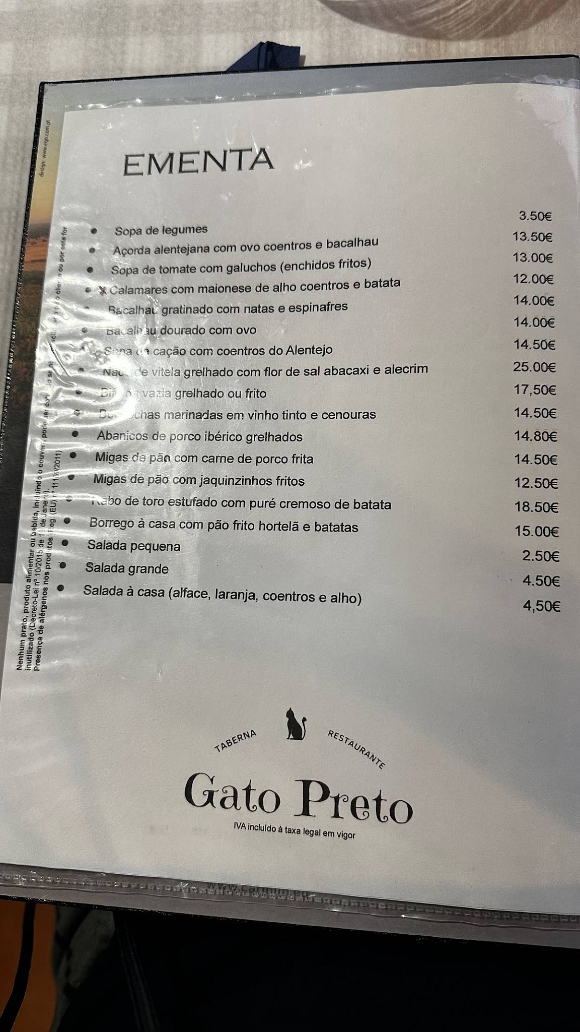 Menu em Taberna do Gato Preto restaurante, Portugal