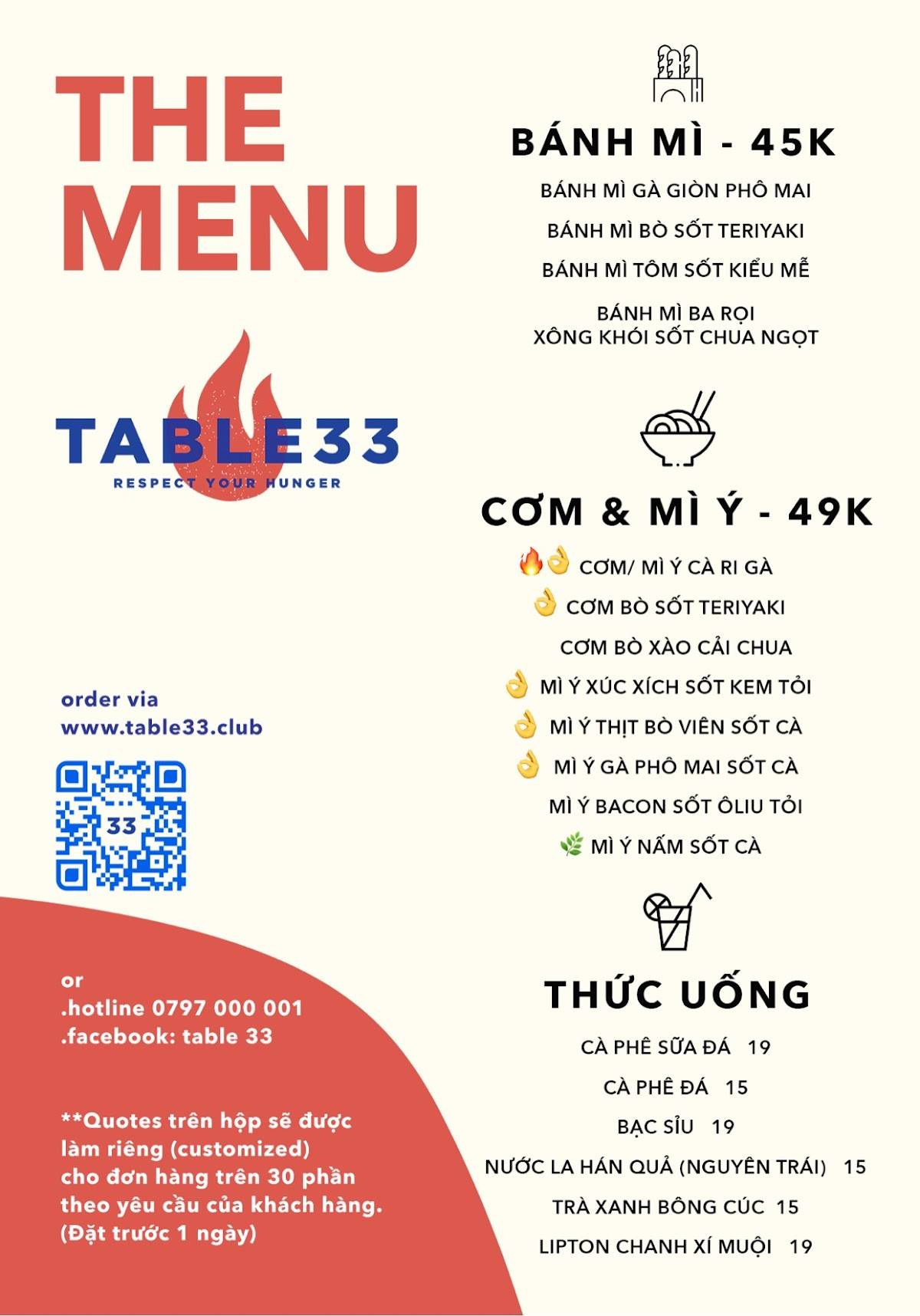 Menu at Table 33 Saigon restaurant, Ho Chi Minh City