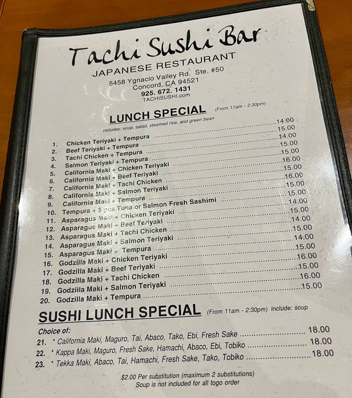 Menu at Tachi Sushi Bar, Concord, Ygnacio Valley Rd
