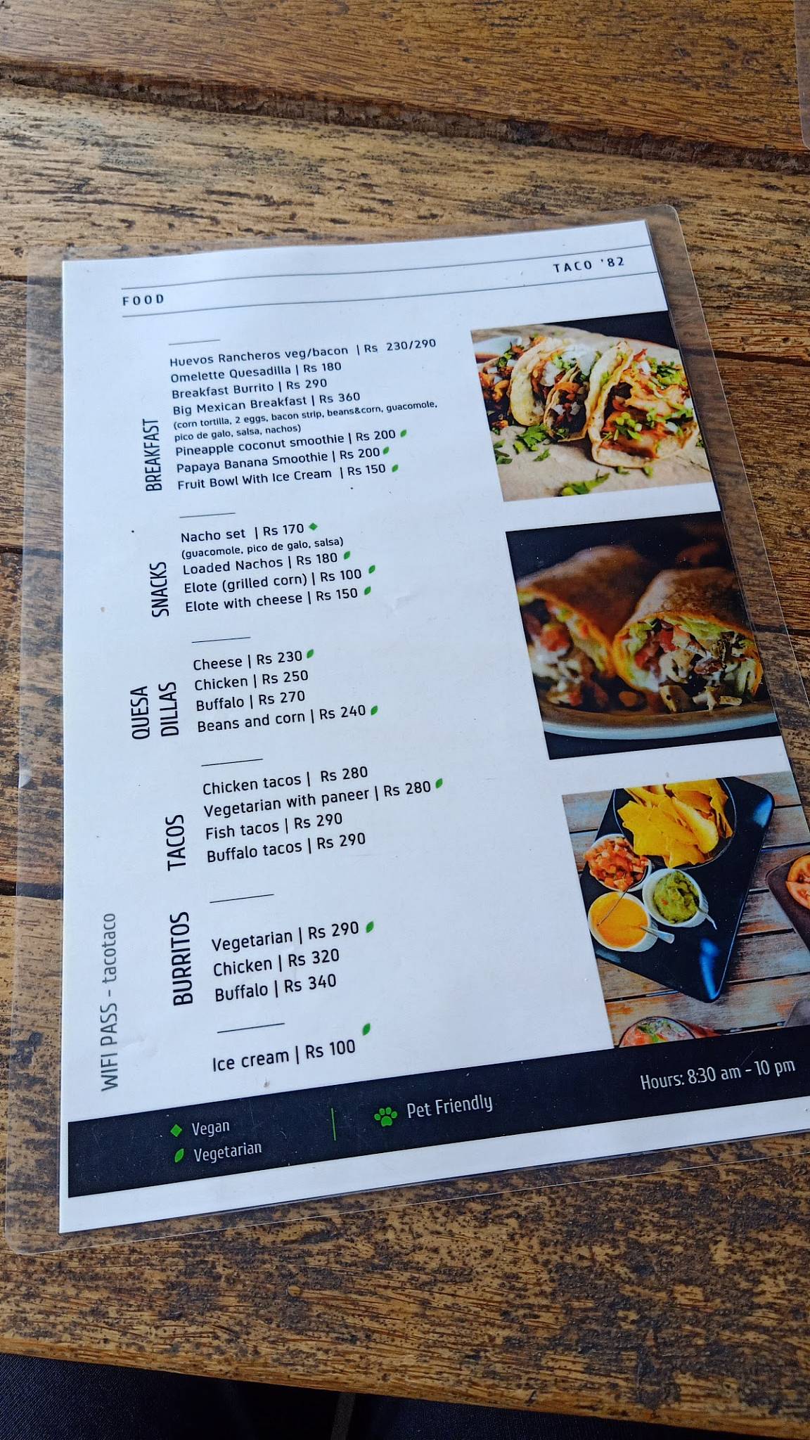 Menu at Taco '82, Varkala