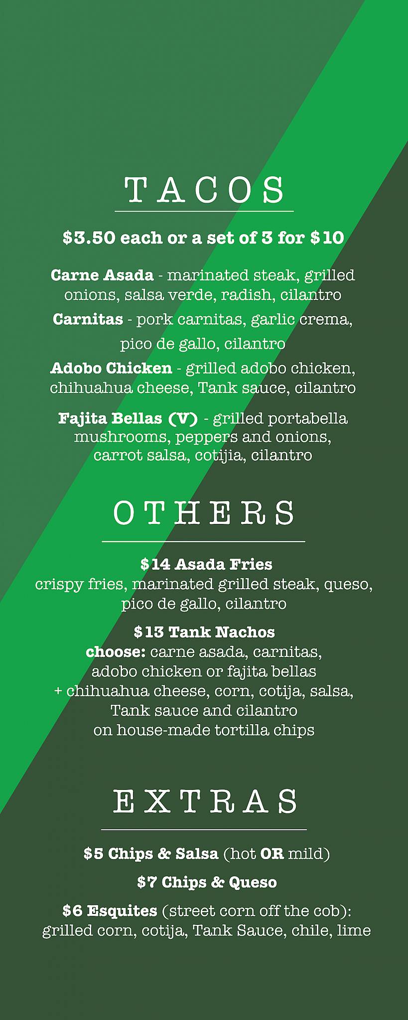 Menu at Taco Tank restaurant, North Kansas City, 1599 Iron St
