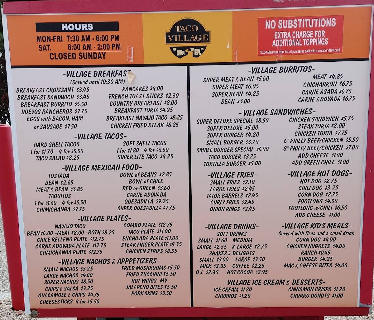 Menu at Taco Village restaurant, Grants, 700 Roosevelt Ave