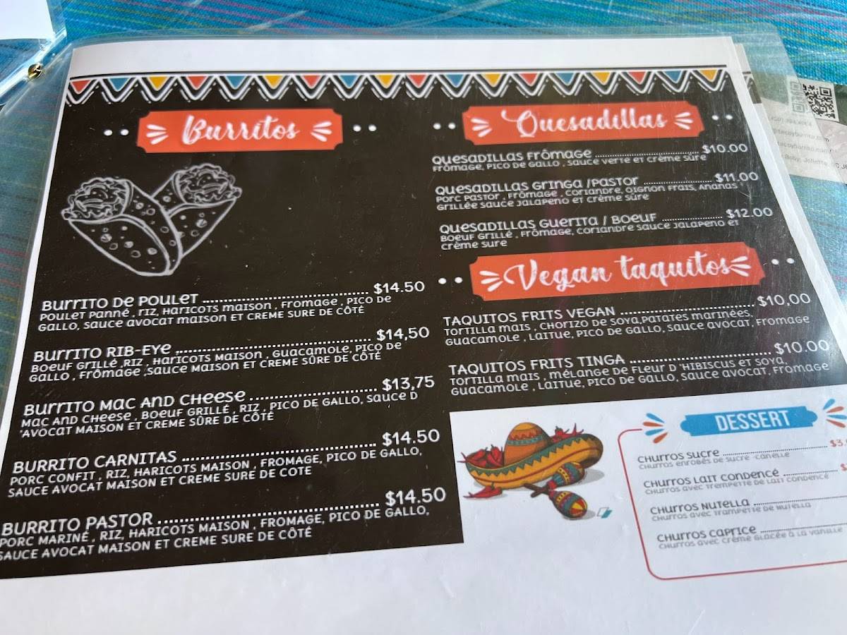 Menu au Taco & Burrito restaurant, Joliette