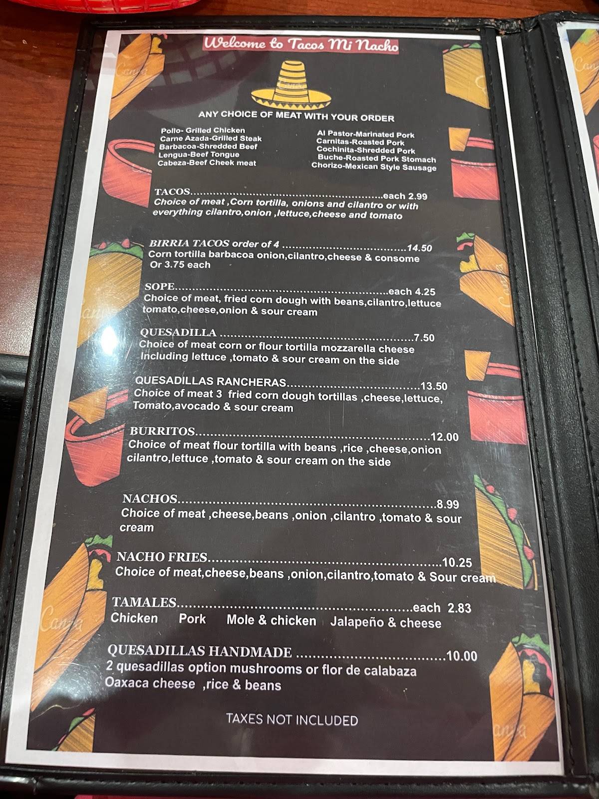 Menu at Tacos Mi Nacho restaurant, Meriden