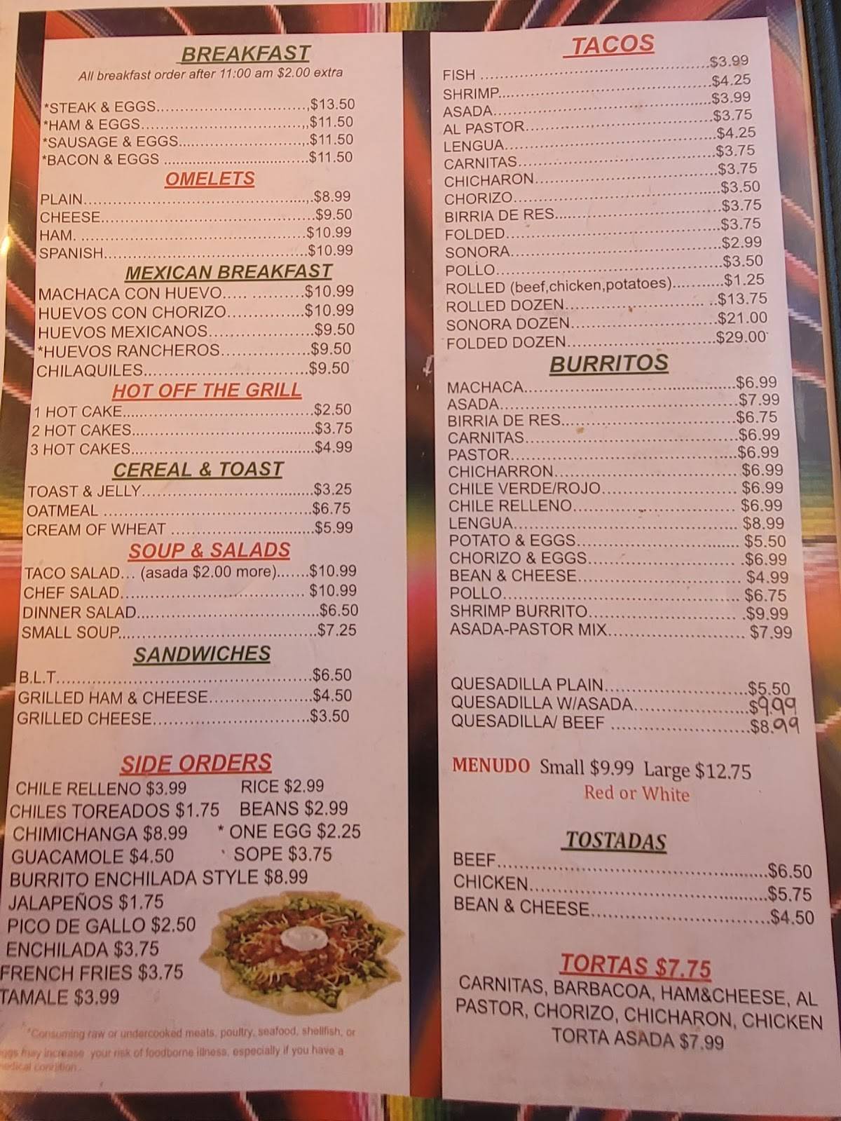 Menu at Tacos Mi Rancho restaurant, Yuma, 188 S 4th Ave