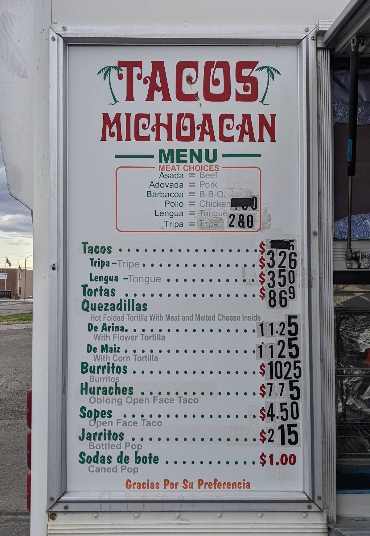Menu at Tacos Michoacan restaurant, Othello, 172 S 1st Ave #1304