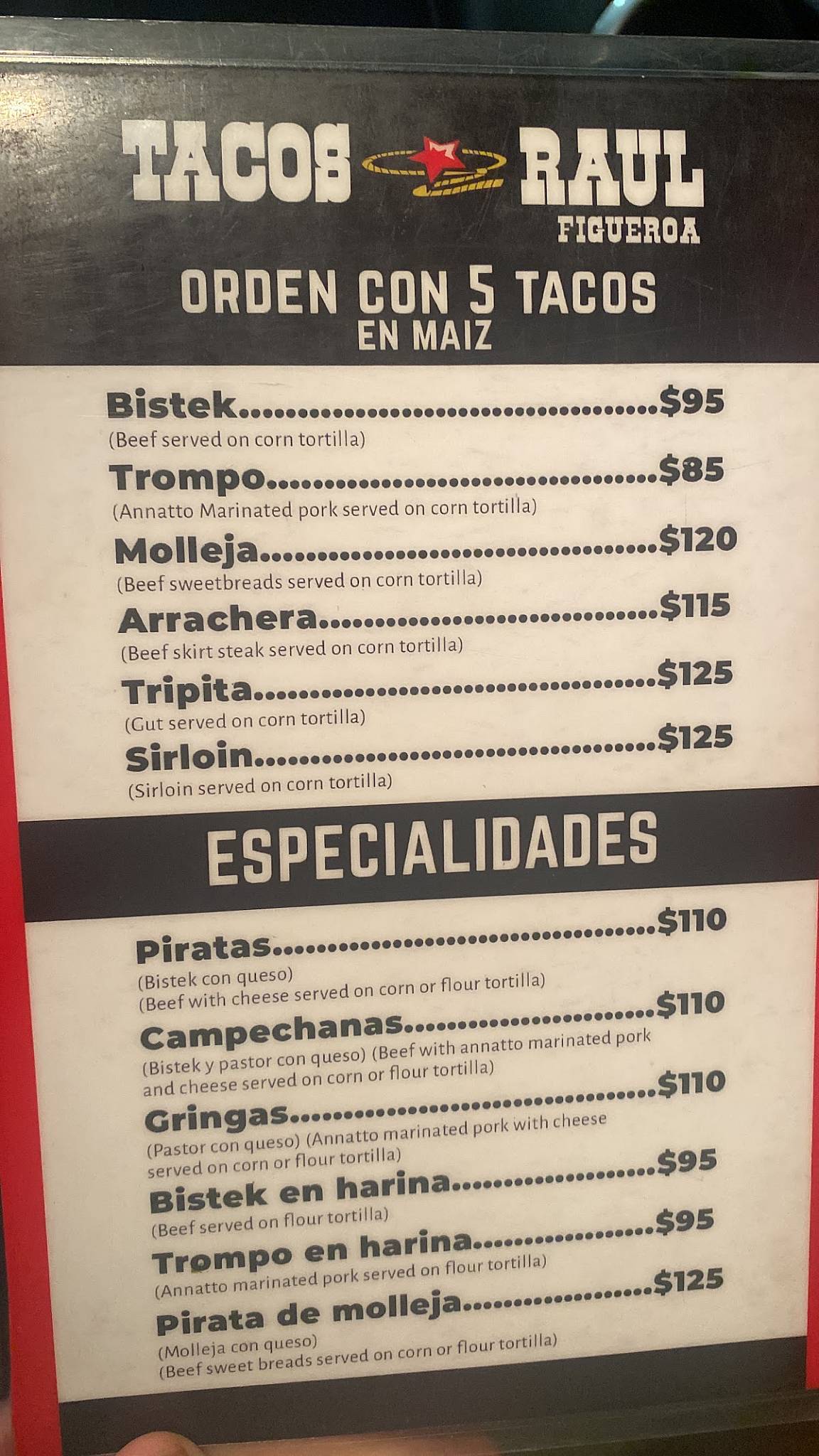 Carta del restaurante Tacos Raúl, Saltillo, Blvd. Pedro Figueroa No. 1145