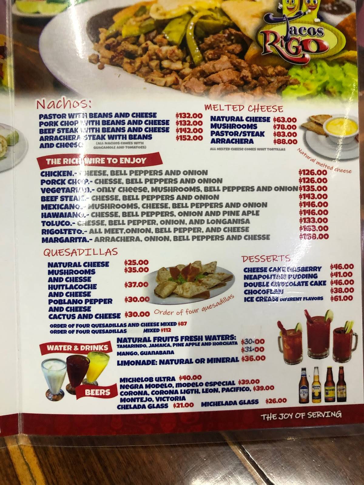 Carta del restaurante Tacos Rigo, Cancún, Playa 50 ‎ Cancun Centro Off ...
