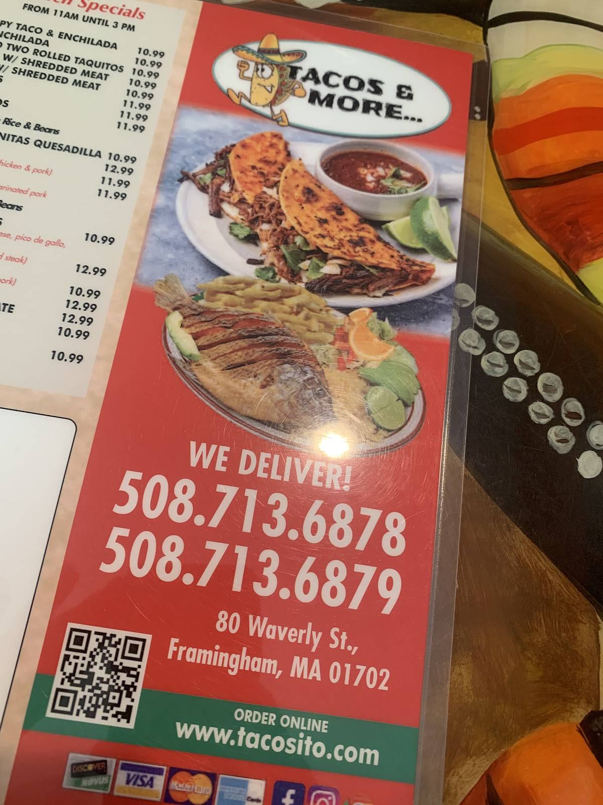 Menu at Tacos & More Cantina restaurant, Framingham
