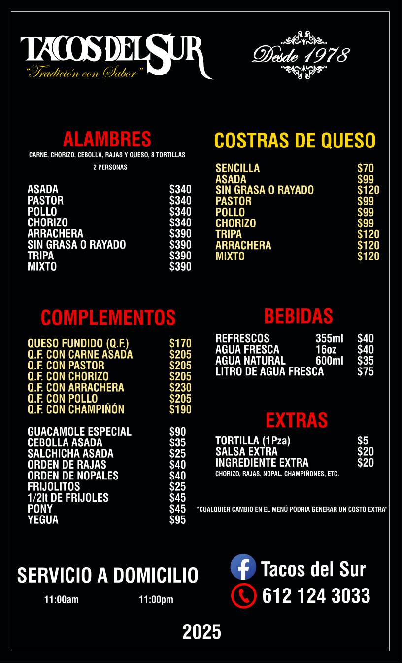 Carta del restaurante Tacos del Sur, La Paz, Tabachines 130