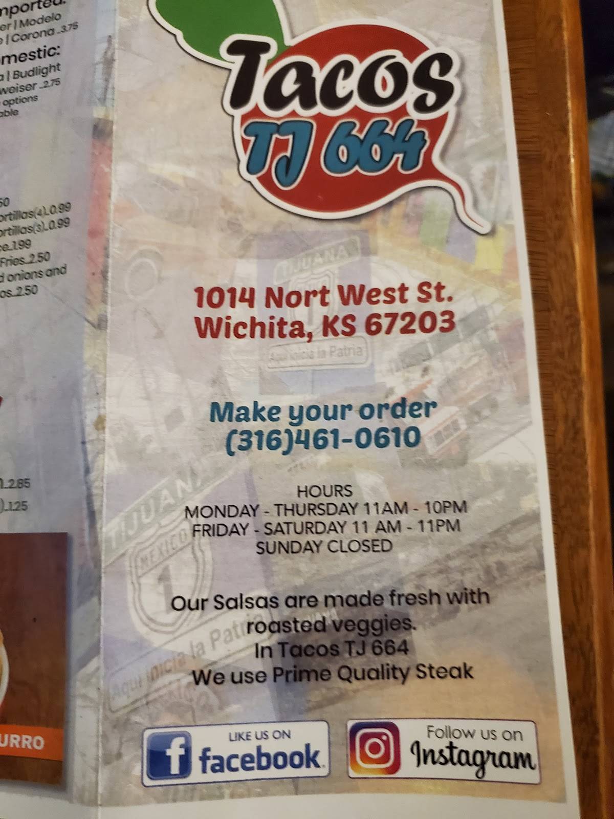 Menu at Tacos tj 664 restaurant, Wichita