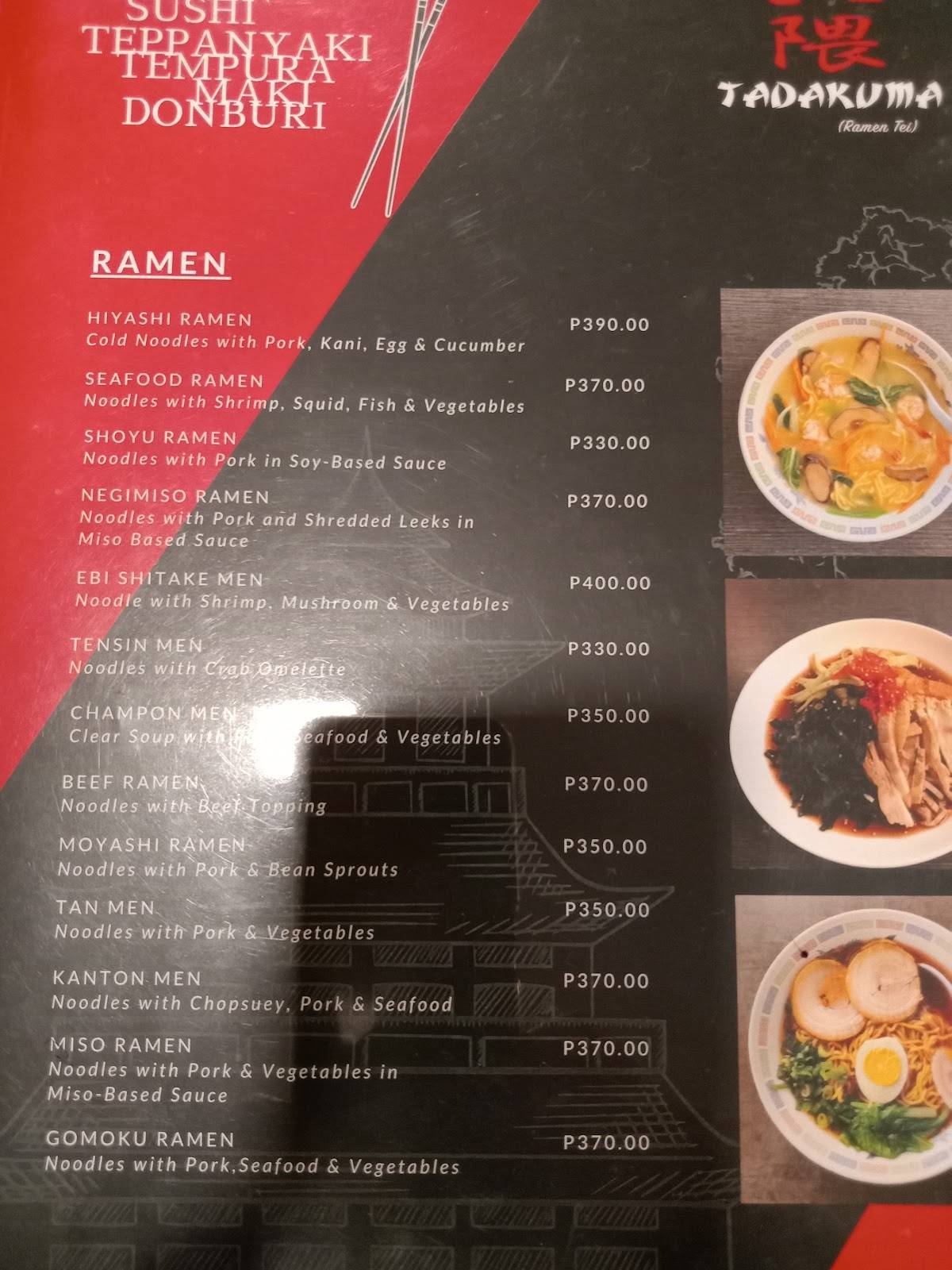 Menu at Tadakuma restaurant, Davao City, 3H5Q+G8J